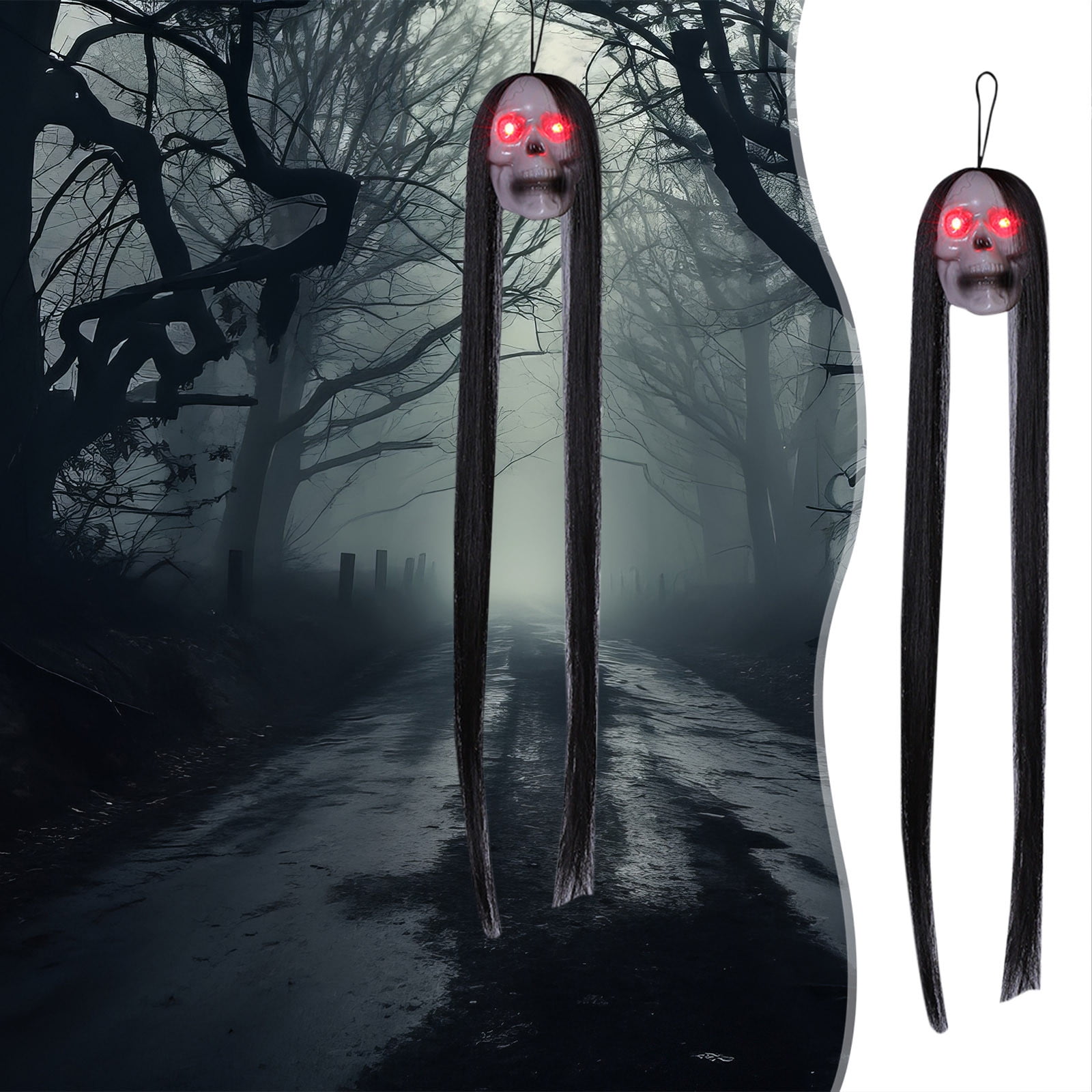 KMMYS Halloween Long-haired Ghost Glowing Skull Head Decoration, LED ...