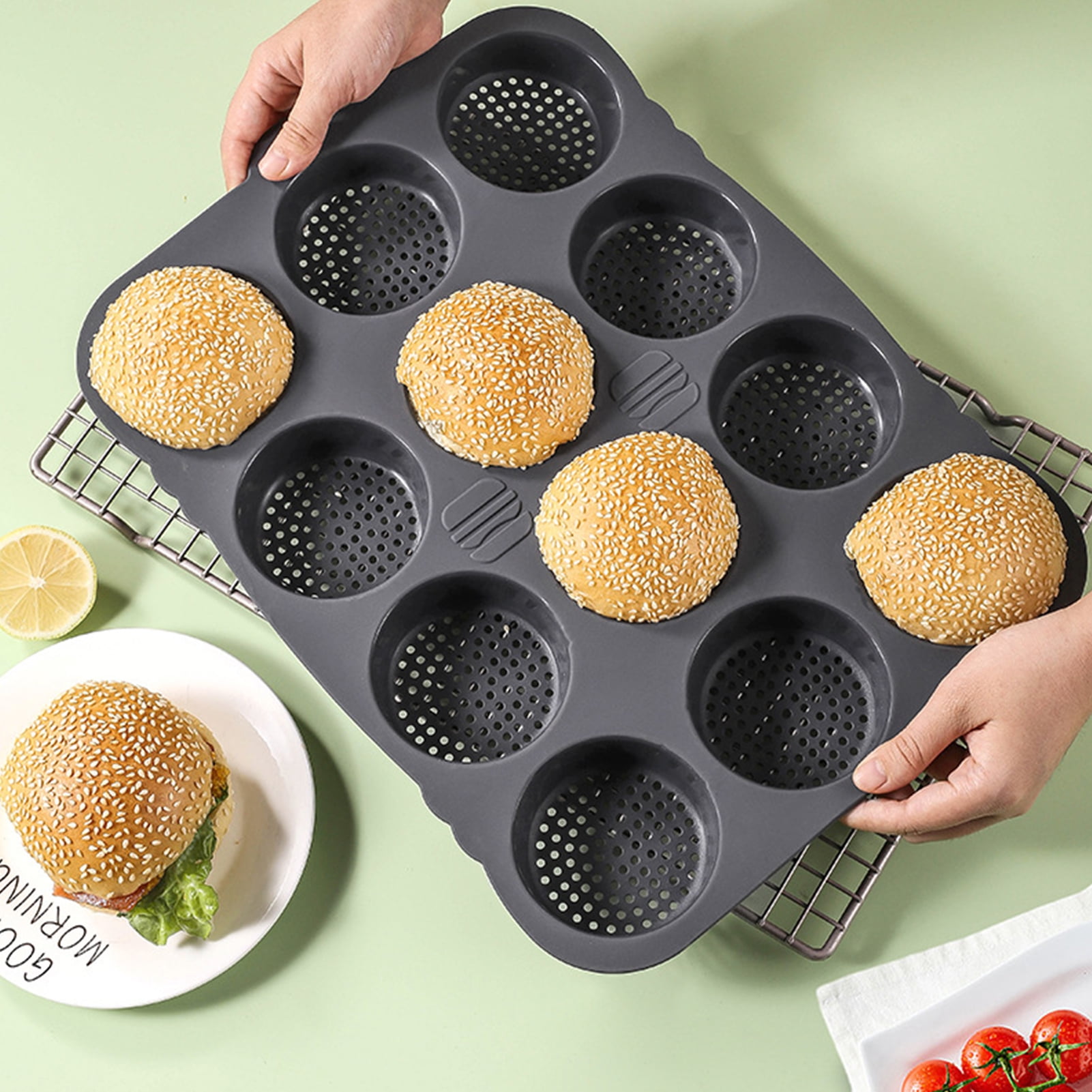 KMSS Hamburger Bun Pan Silicone Mold 12 Cavity Bread Baking Pan for ...
