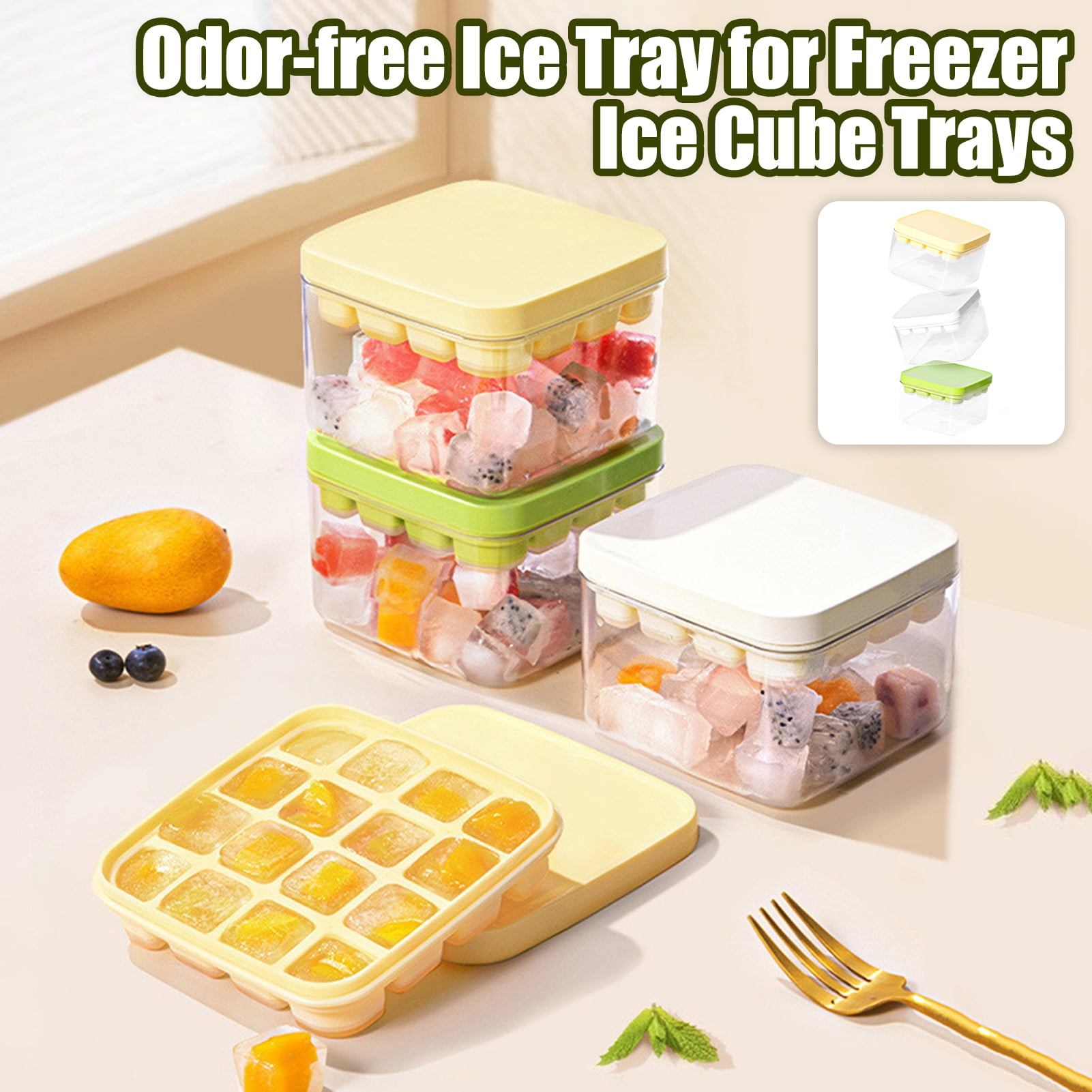 KMSS Ice Cube Mold Tray with Lid Bin Double-Layer 16 Cavity Ice Cube ...