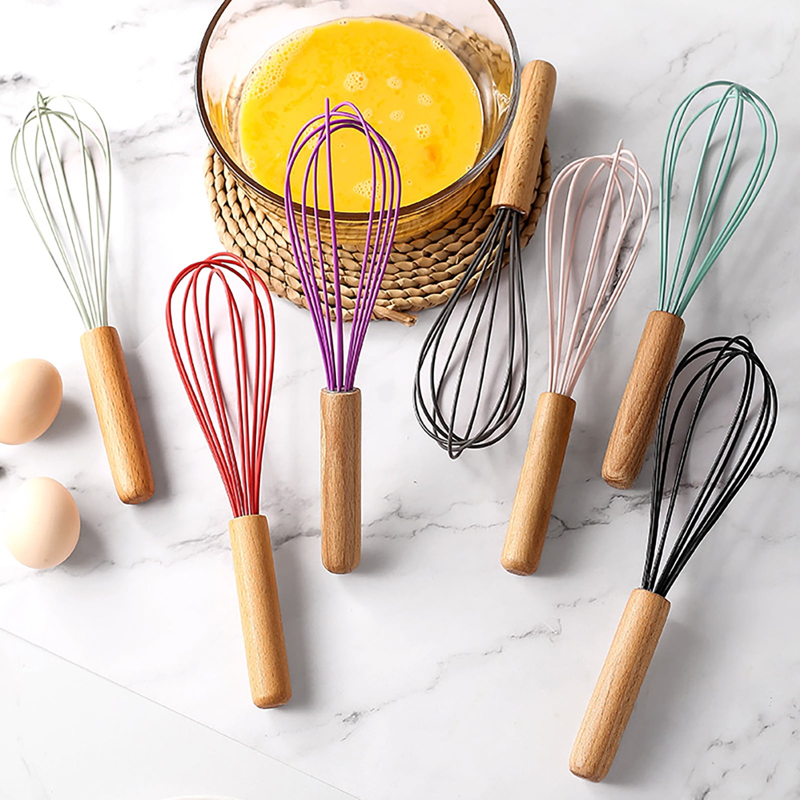 KMSS Silicone Kitchen Whisks 10 inch Wooden Handles Egg Beater Milk ...