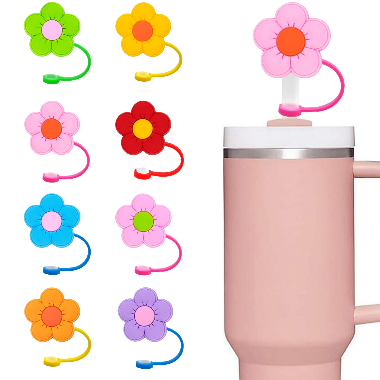 KMSS Straw Cover 8 Pcs Flower Straw Toppers 8-10mm Reusable Silicone ...