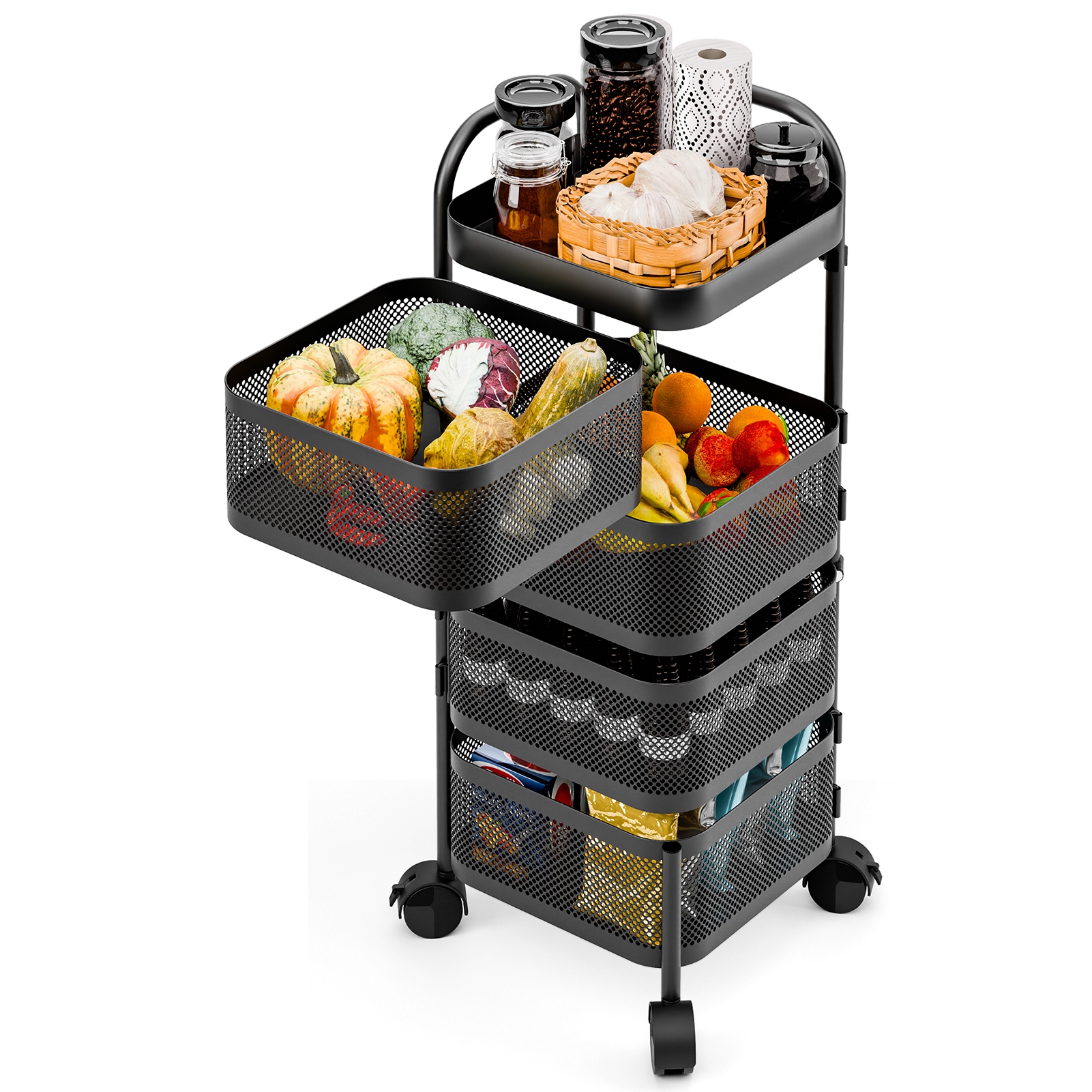 KMYY 4 Tiered Rotating Shelf 360 Design Baskets Fruit Vegetable Trolley ...