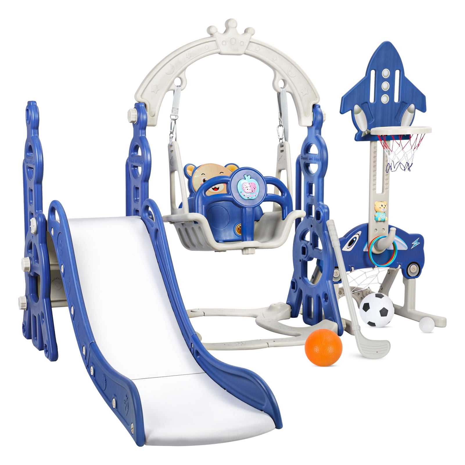 KMYY 5 in1 Kids Slide Swing Set,Cartoon Themed Baby Mini Playground ...