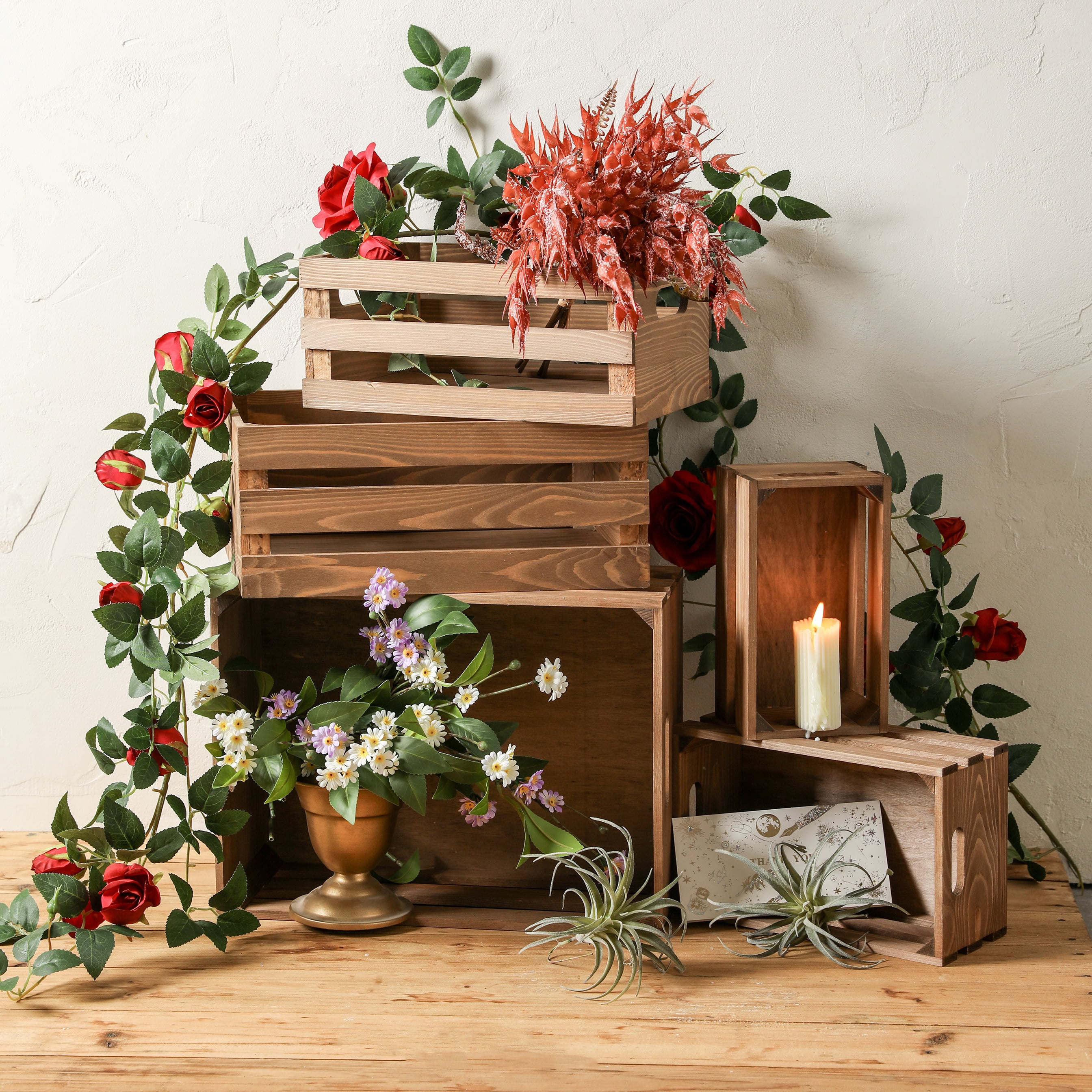 KMwares Set of 5 Rustic Wooden Nesting Crates with Handles - Vintage ...