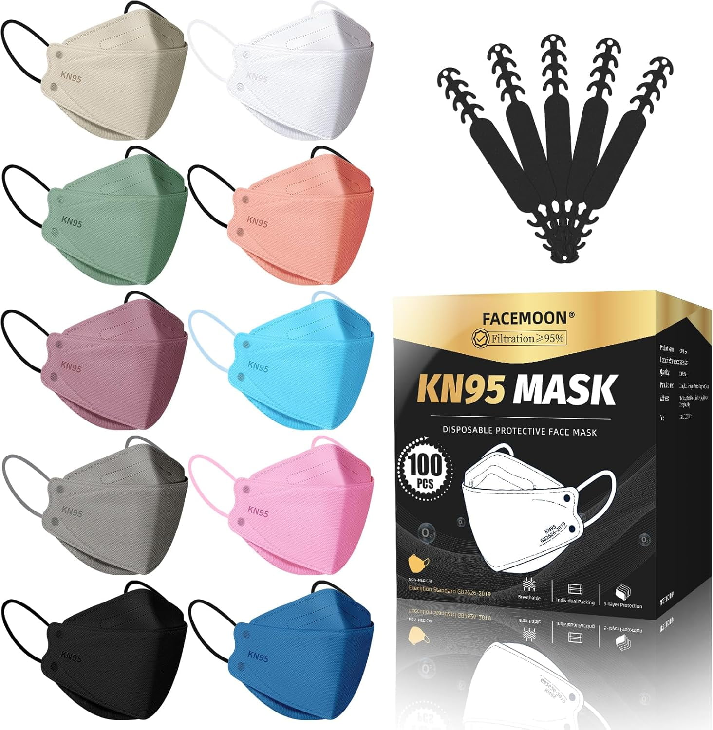 KN95 Face Mask Disposable Adults - 100 Pack Adjustable 5 Layer Protection KN95 Face Mask ...