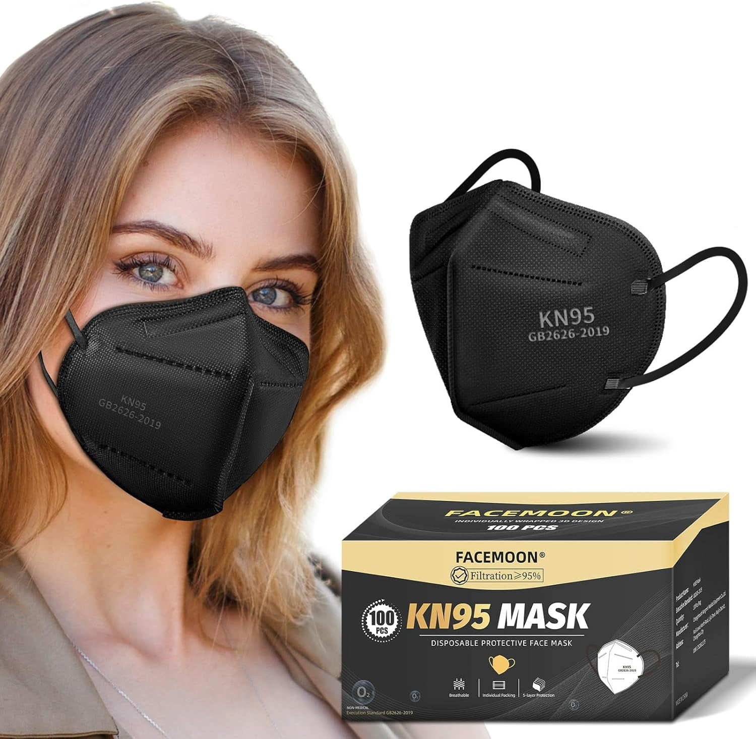 KN95 Face Masks Black Adults - 100 Pack KN95 Disposable Comfortable 5-Layer Safety Face Masks ...