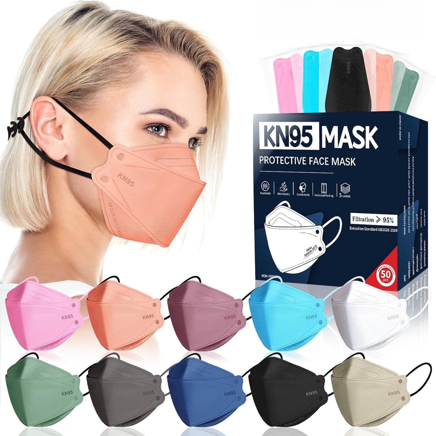 KN95 Face Masks Disposable Adults - 50 Pack 5 Layer Protection Dust ...