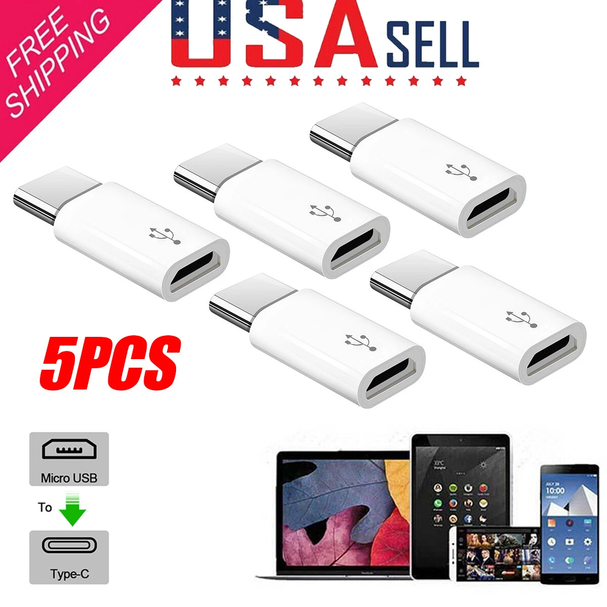 KNACK- 5Pcs V8 To Type-C Micro Adapter Plug Adaptor Cell Phone ...