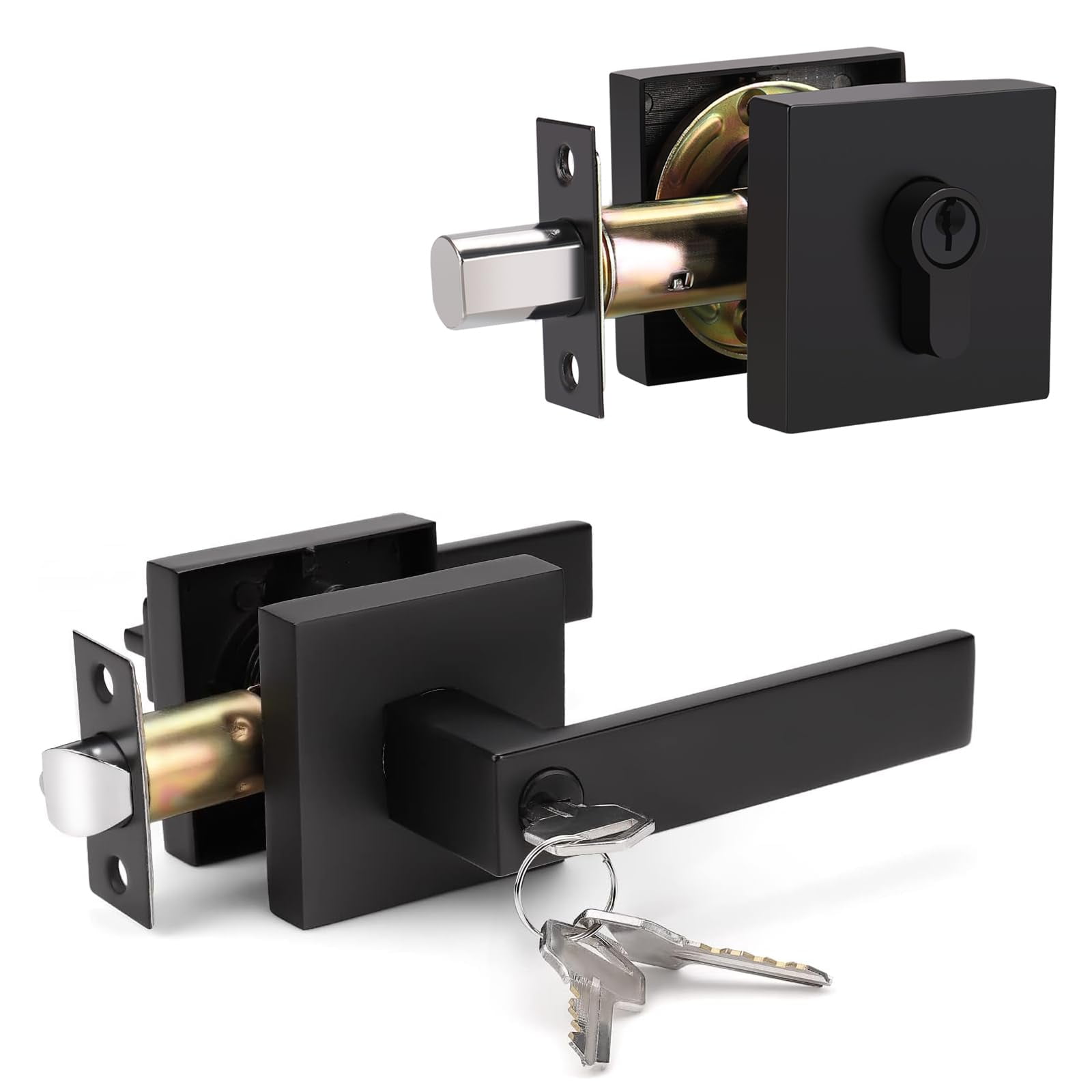KNOBWELL 3 Pack Entry Lever Door Handle and Single Cylinder Deadbolt ...