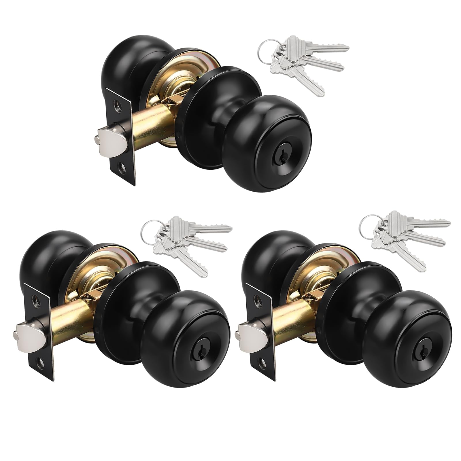 KNOBWELL 3 Pack Keyed Entry Door Knobs with Same Keys, Modern Door Knob ...
