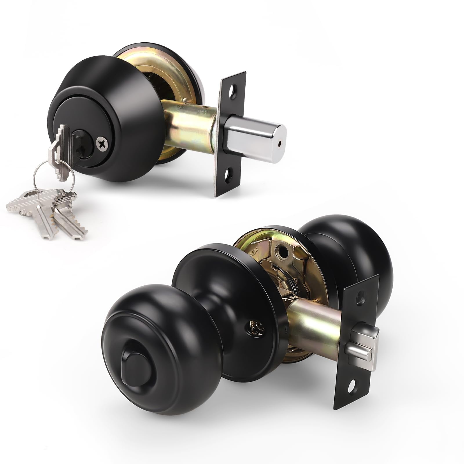 KNOBWELL 6 Pack Black Entry Door Knob Lockset and Double Cylinder ...