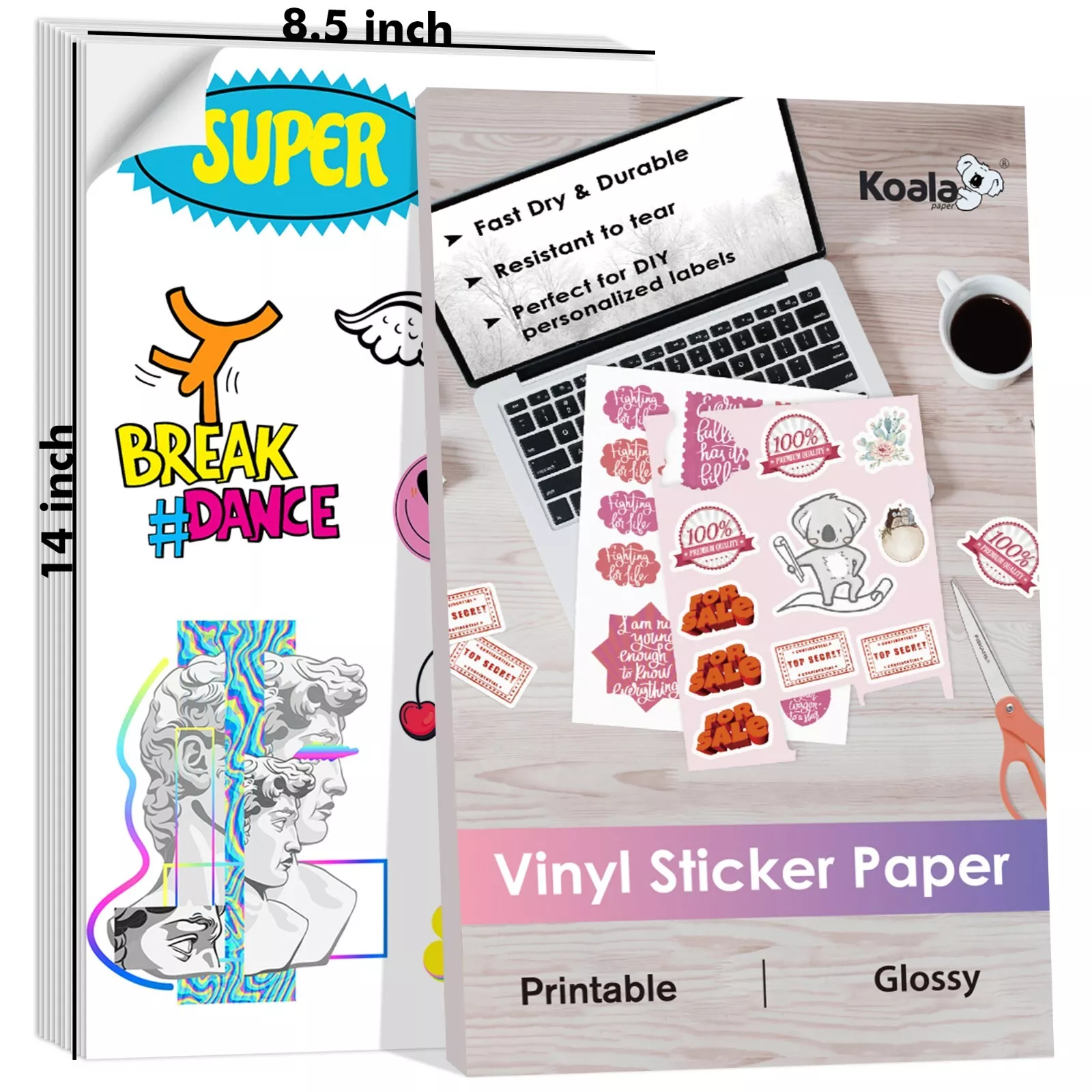 KOALA Printable Vinyl Sticker Paper Glossy White Waterproof 8.5x14 in ...