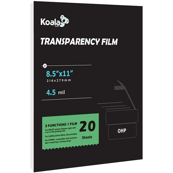 KOALA Printable Transparency Film for Printers - 8.5x11 Inch, 20 Sheets ...