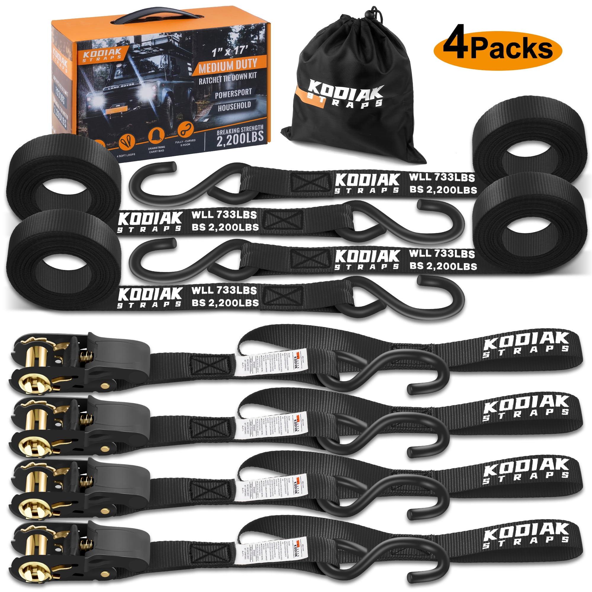 KODIAK STRAPS Ratchet Straps Heavy Duty Tie Down Strap Set 2200 Break Strength – 1" x 17' 4pk ...