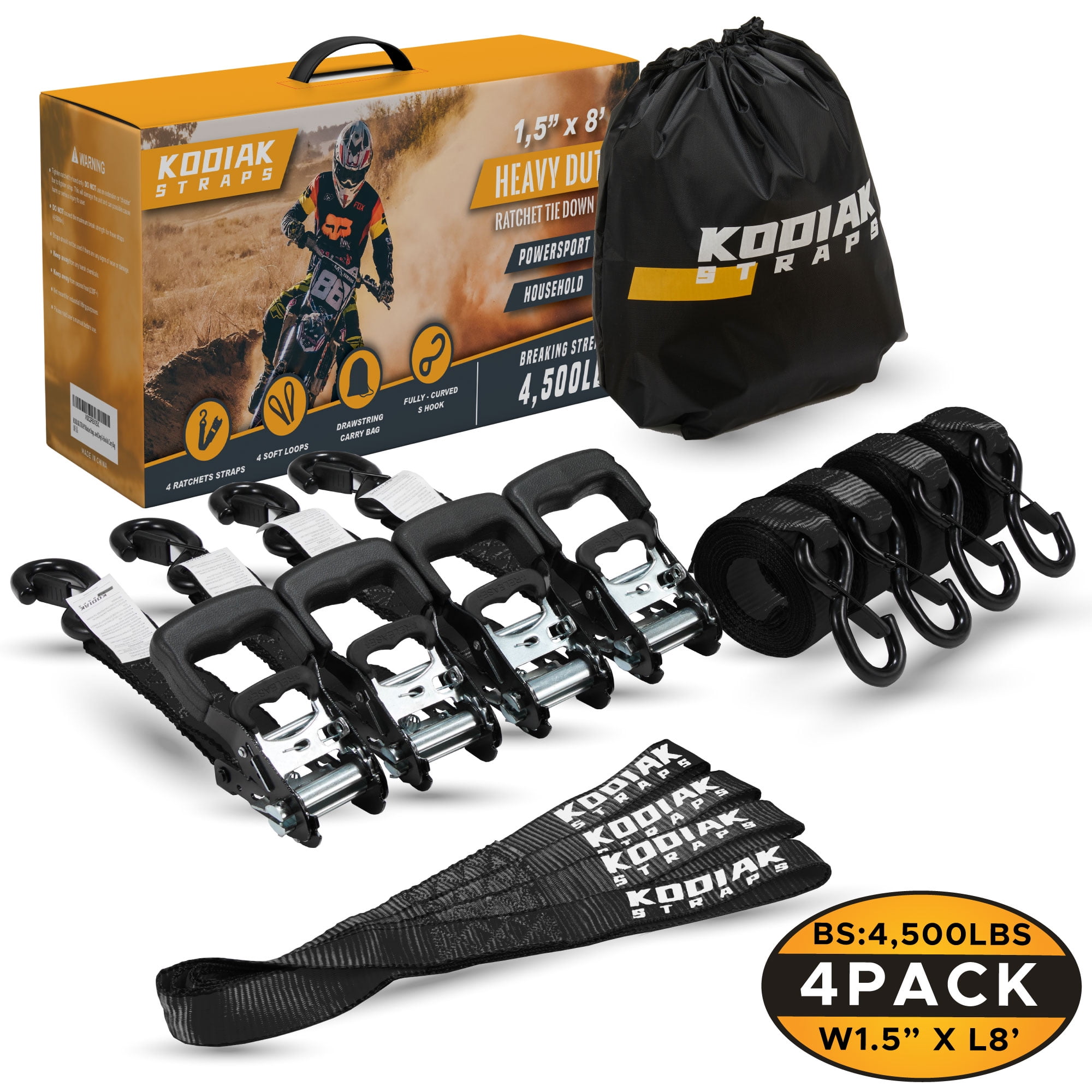 KODIAK STRAPS Ratchet Straps Heavy Duty Tie Downs Strap Set, 4500 Break ...