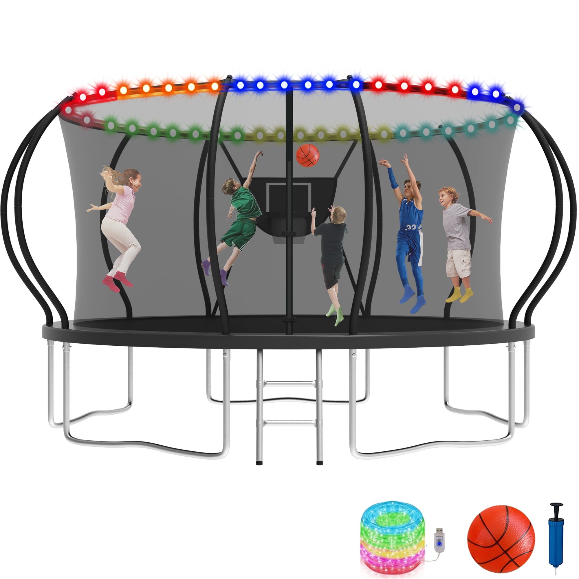 KOFUN 14FT Trampoline with Basketball Hoop & Light, 1400LBS Heavy Duty ...