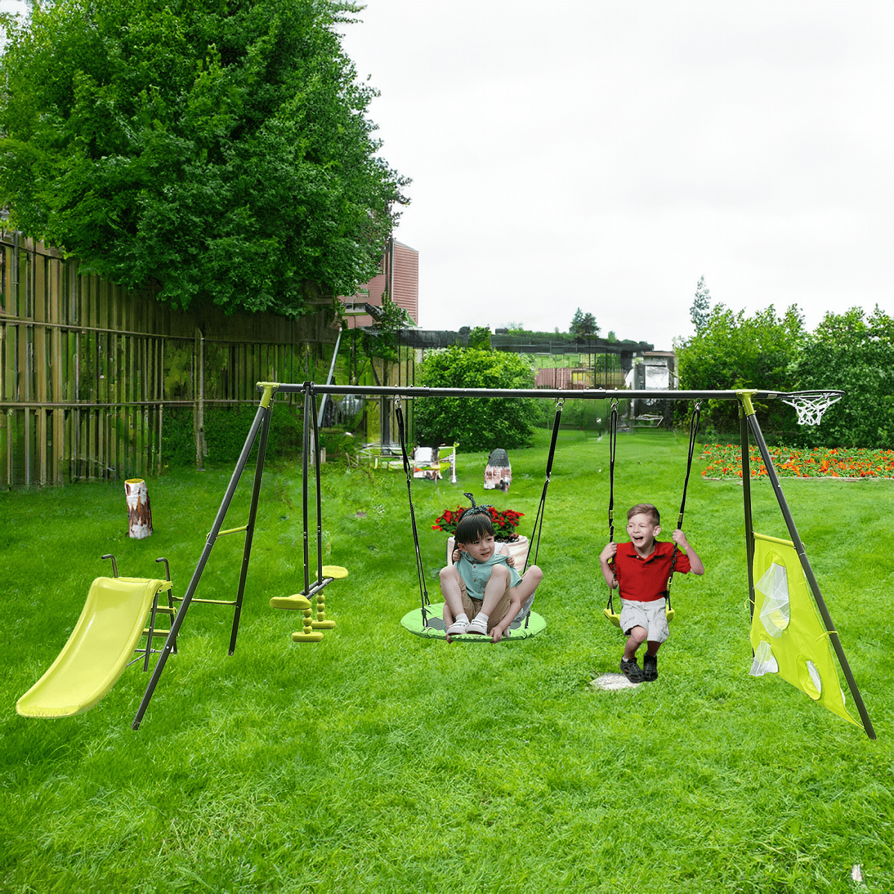 KOFUN 6 in 1 Swing Set for Kids, Heavy-Duty Metal Playground Sets for ...
