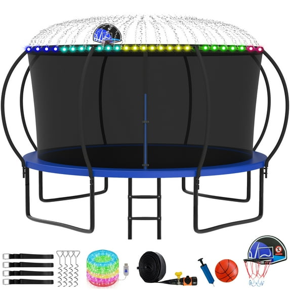 KOFUN Heavy Duty 8-16FT Blue Trampoline Kit with Hoop, Light, and Sprinkler for Kids and Adults ...
