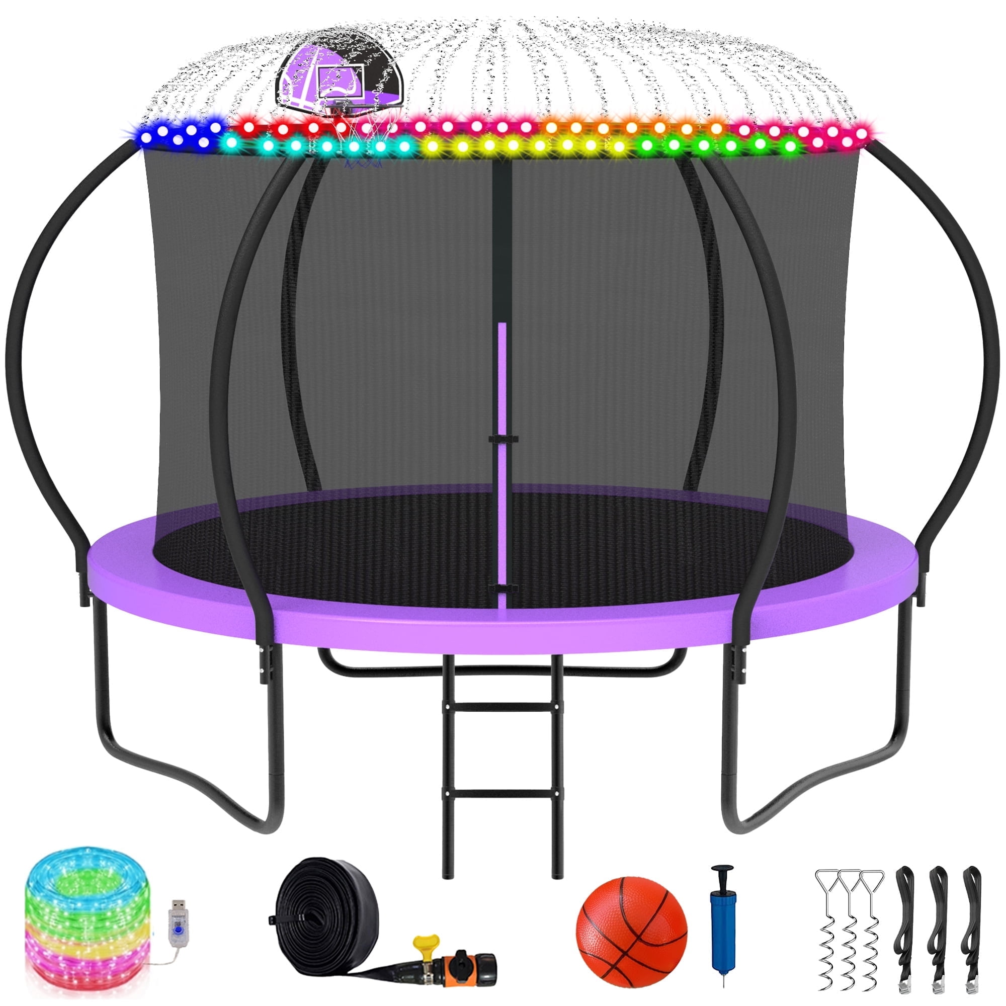 KOFUN Trampoline with Basketball Hoop, Enclosure, Light, Sprinkler ...