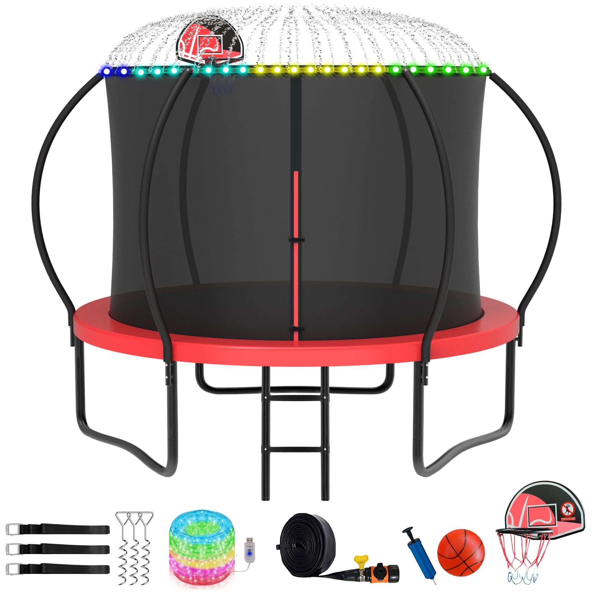 KOFUN Trampoline with Basketball Hoop, Enclosure, Light, Sprinkler ...