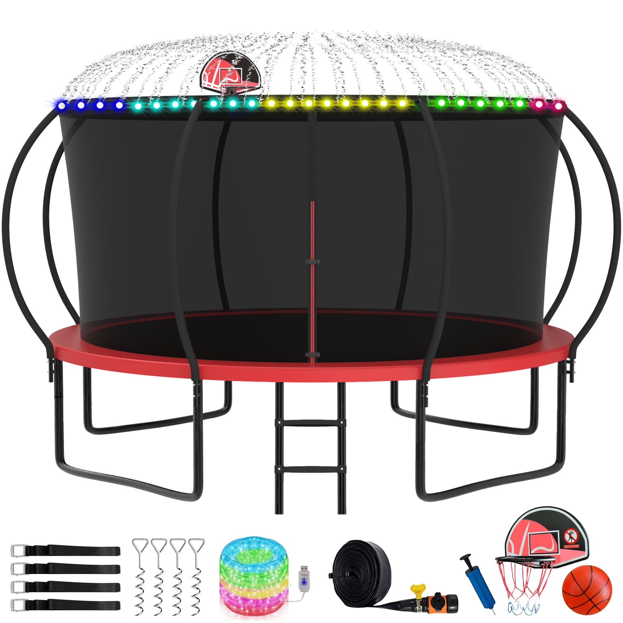 KOFUN Trampoline with Basketball Hoop, Enclosure, Light, Sprinkler ...