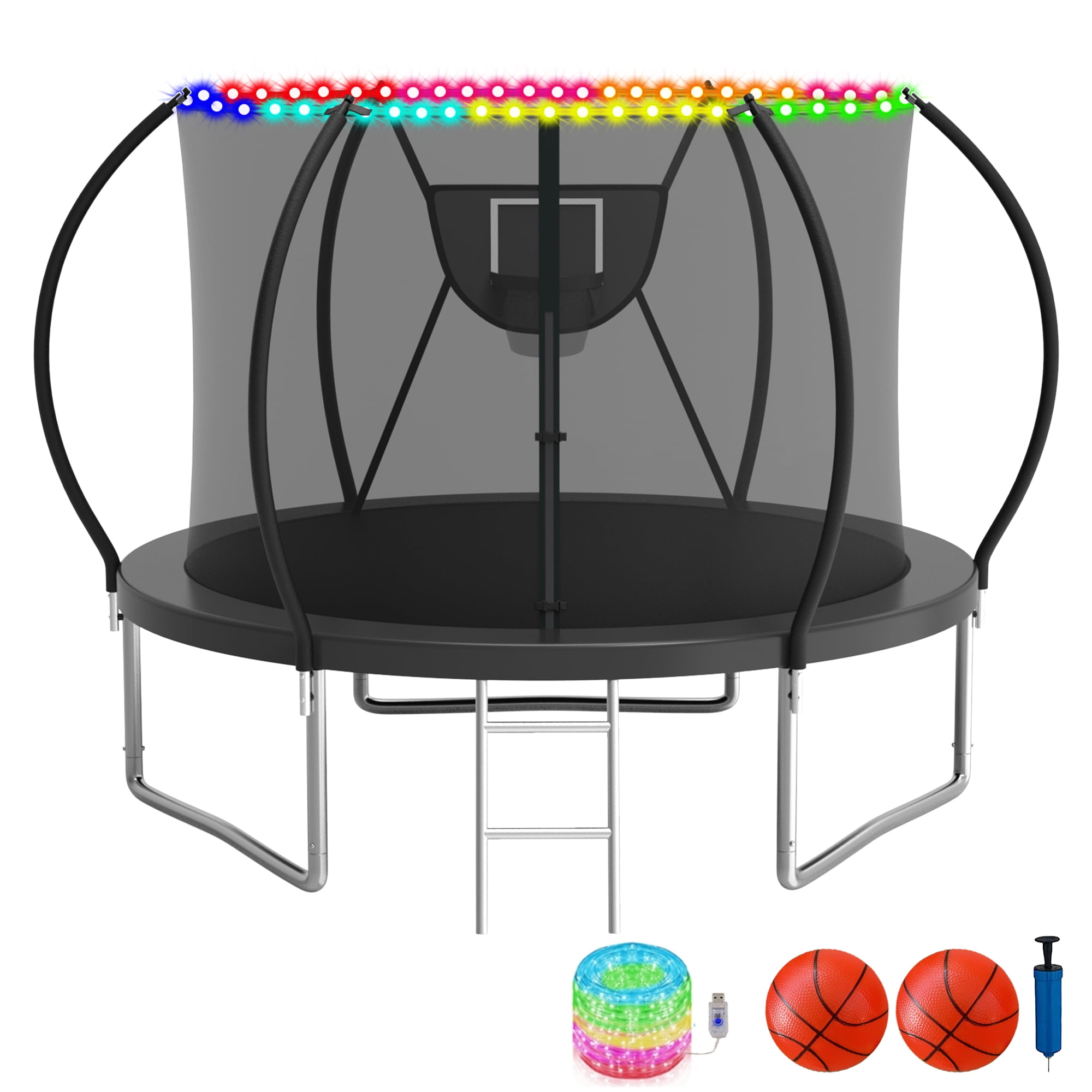 KOFUN 10-16FT Trampoline with Safety Net, Basketball Hoop, LED Light ...