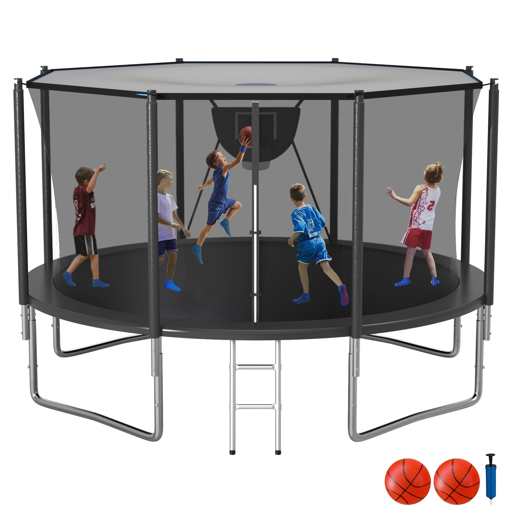 KOFUN Trampoline with Shade Cover, 14FT Trampoline with Basketball Hoop ...