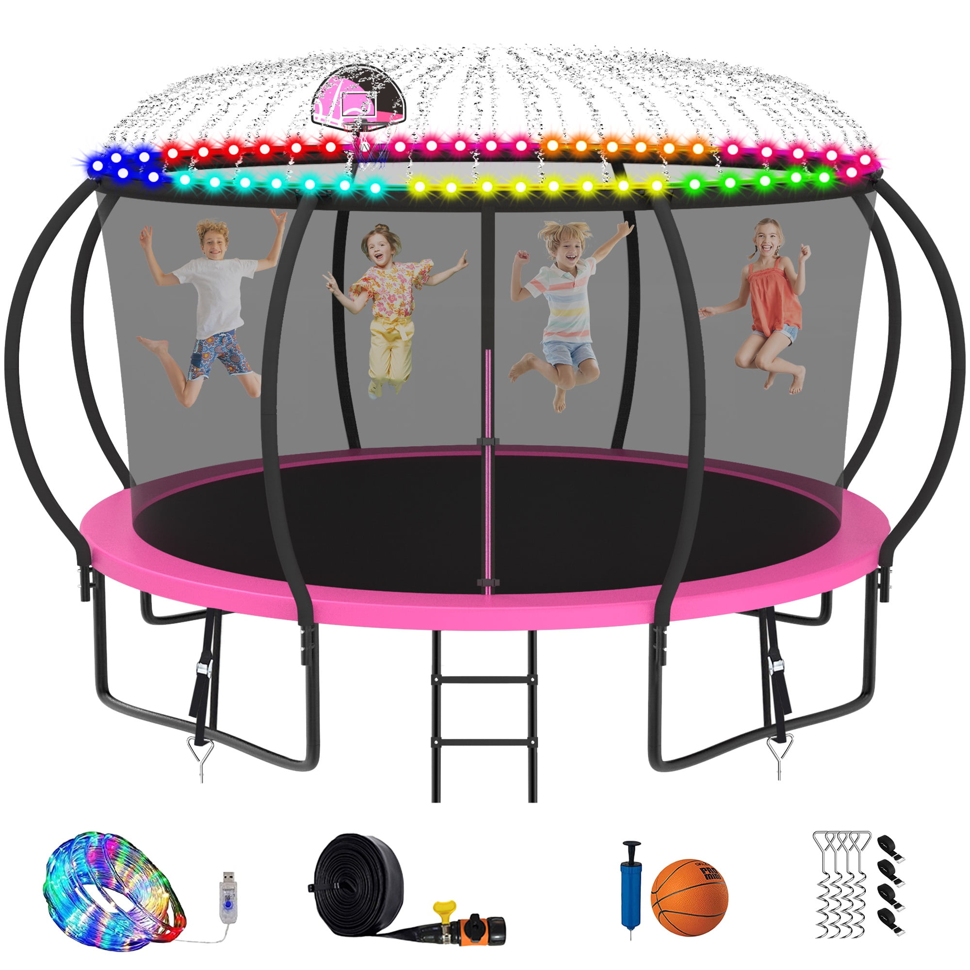 KOFUN Trampolines, 12FT 14FT 15FT 16FT Trampoline with Light Sprinkler, Heavy Duty Trampoline ...