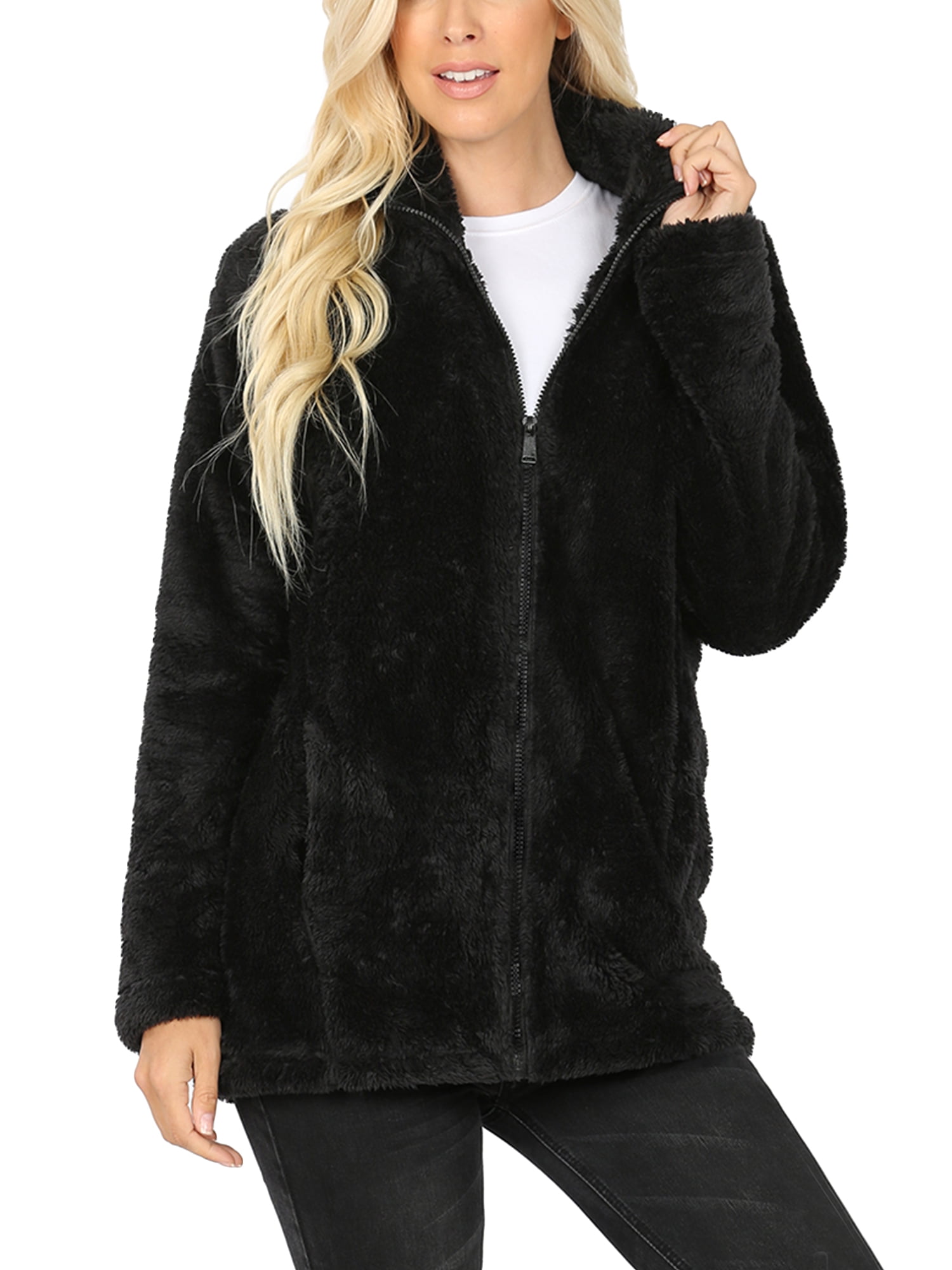 KOGMO Women's Soft Faux Fur Zip Up Jacket with Pockets Relaxed Fit ...