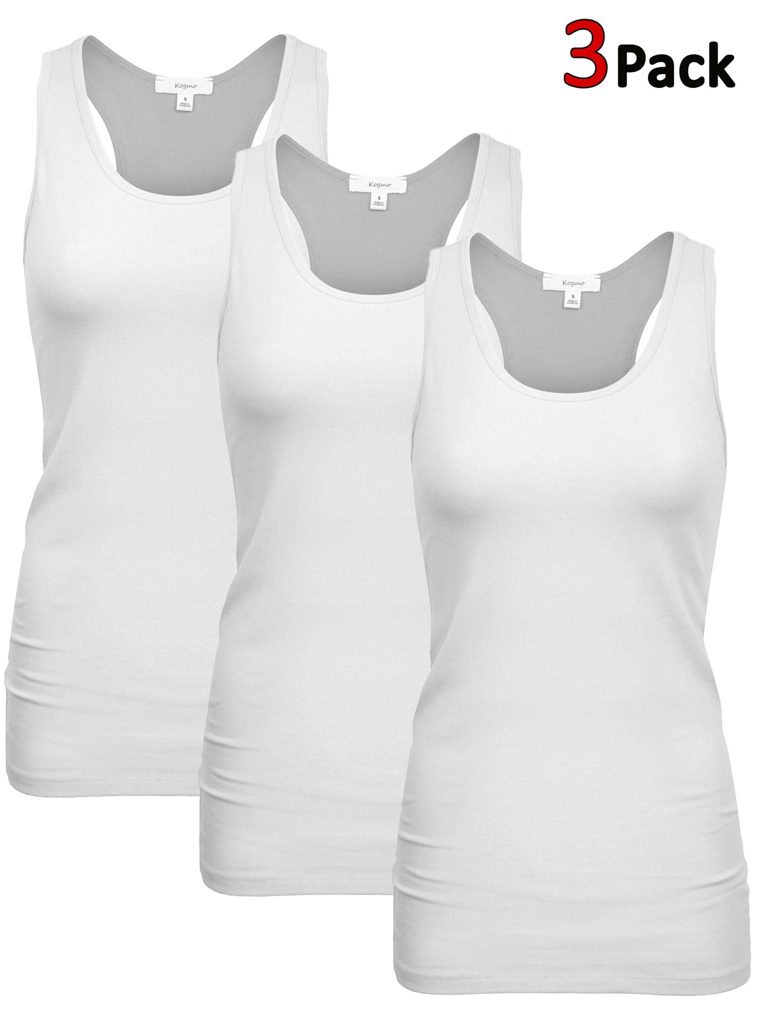 KOGMO Womens Basic Stretchy Cotton Spandex Racerback Tank Top 3-Pack (S ...