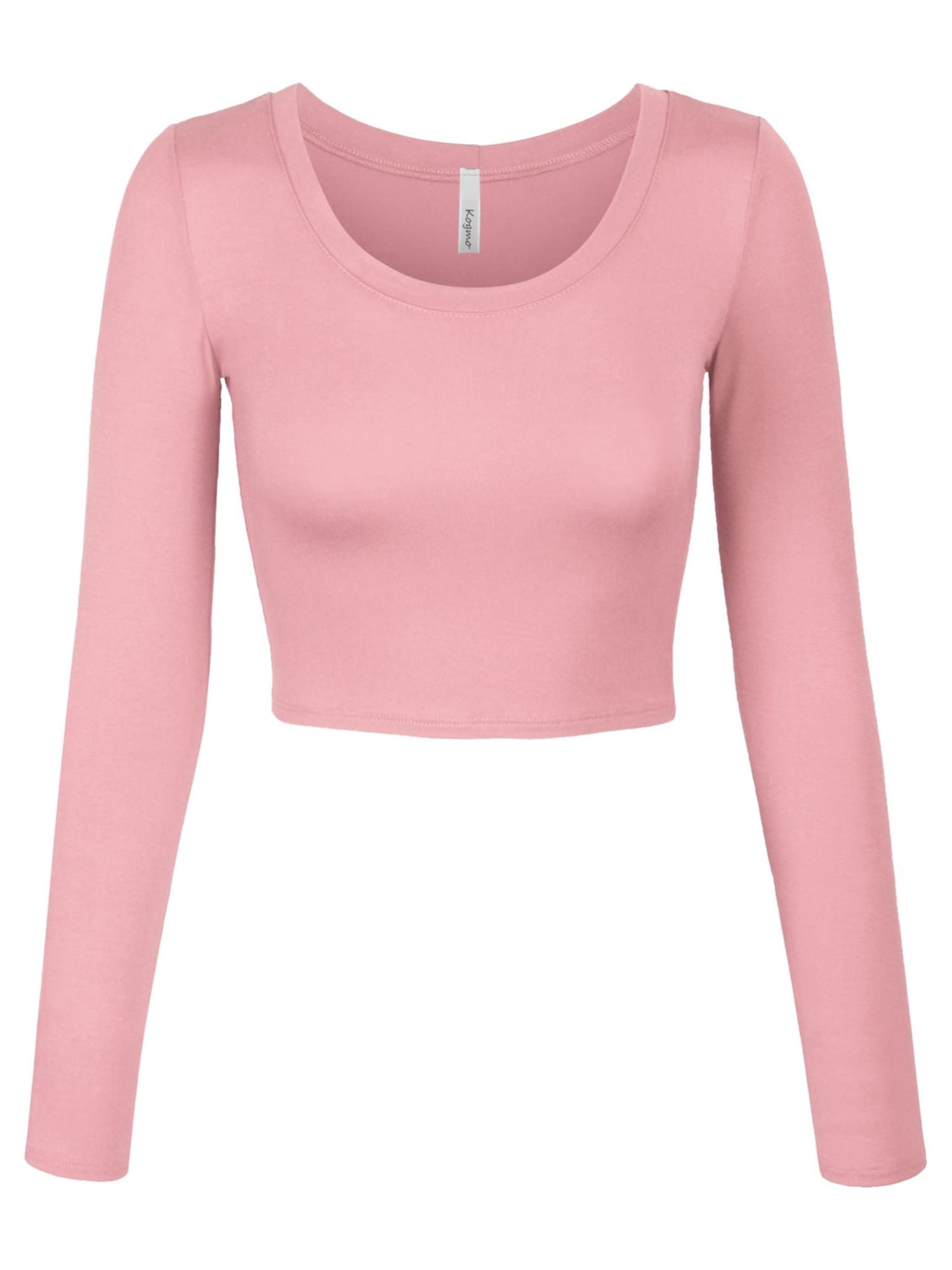 KOGMO Womens Solid Plain T-Shirt, Long Sleeve, Round Neck, Crop Top Tee ...