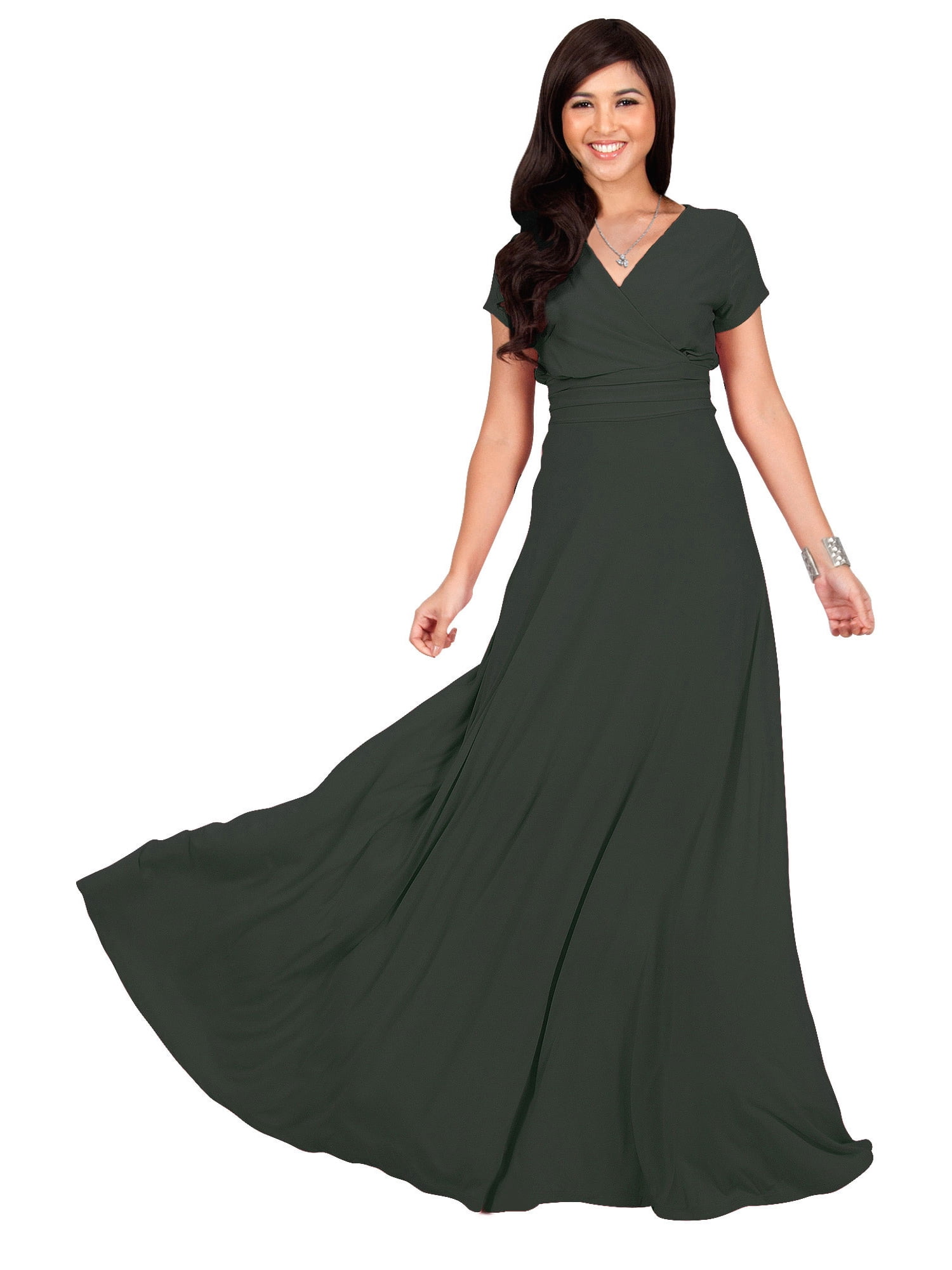 KOH KOH Long V-Neck Flowy Cap Short Sleeve V-Neck Bridesmaid Wedding ...