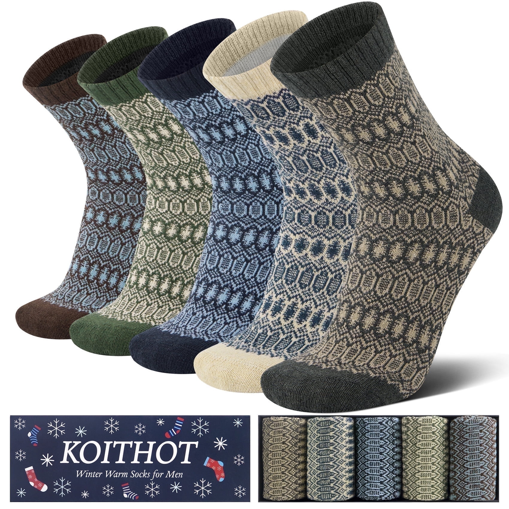KOITHOT 5 Pack Wool Socks for Men Thermal Winter Thick Crew Socks ...