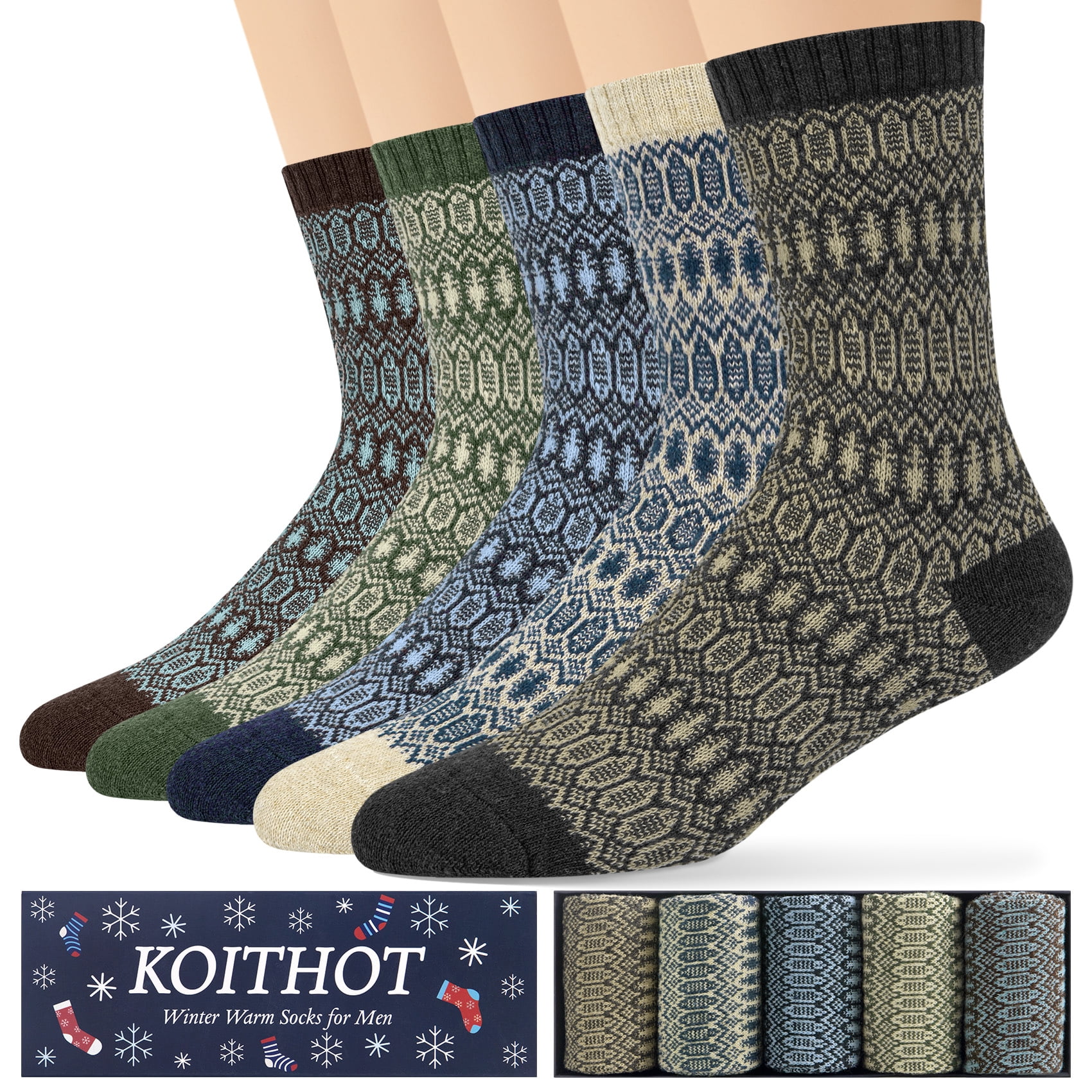 KOITHOT 5 Pack Wool Socks for Men Thermal Winter Thick Crew Socks ...