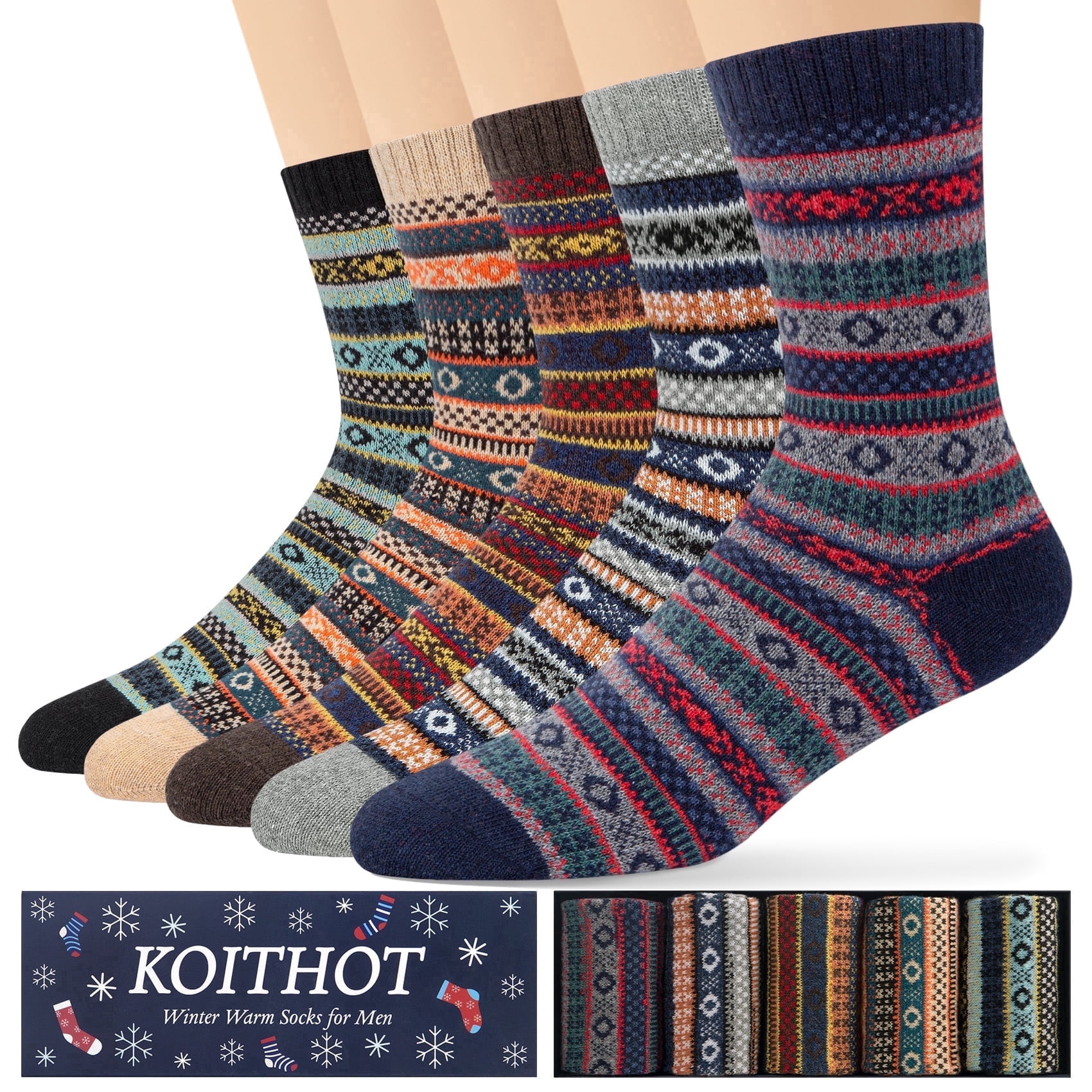 KOITHOT 5 Pack Wool Socks for Men Thermal Winter Thick Crew Socks ...