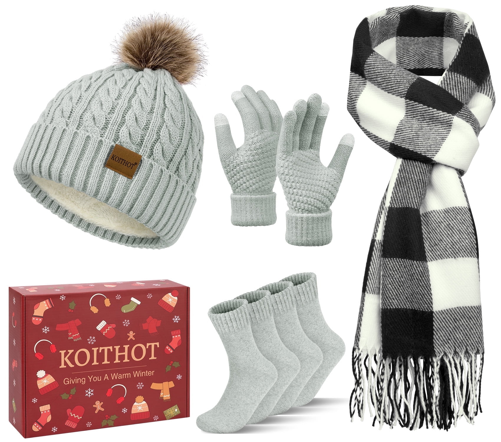 KOITHOT 5 Pcs Winter Beanie Hat Long Knit Plaid Scarf Touchscreen ...