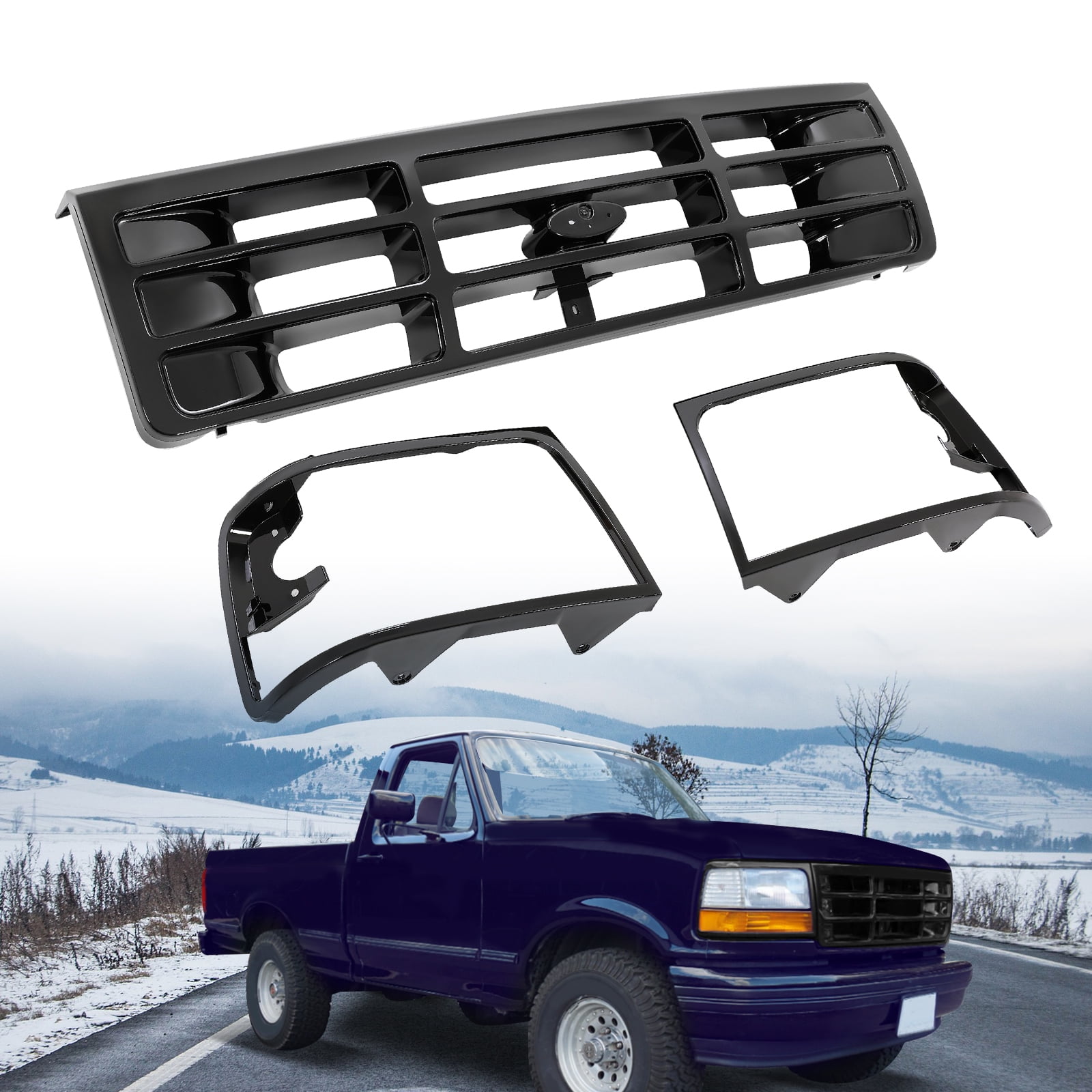 KOJEM Black Front Grille & Headlight Bezel for 1992-1997 Ford Bronco F ...
