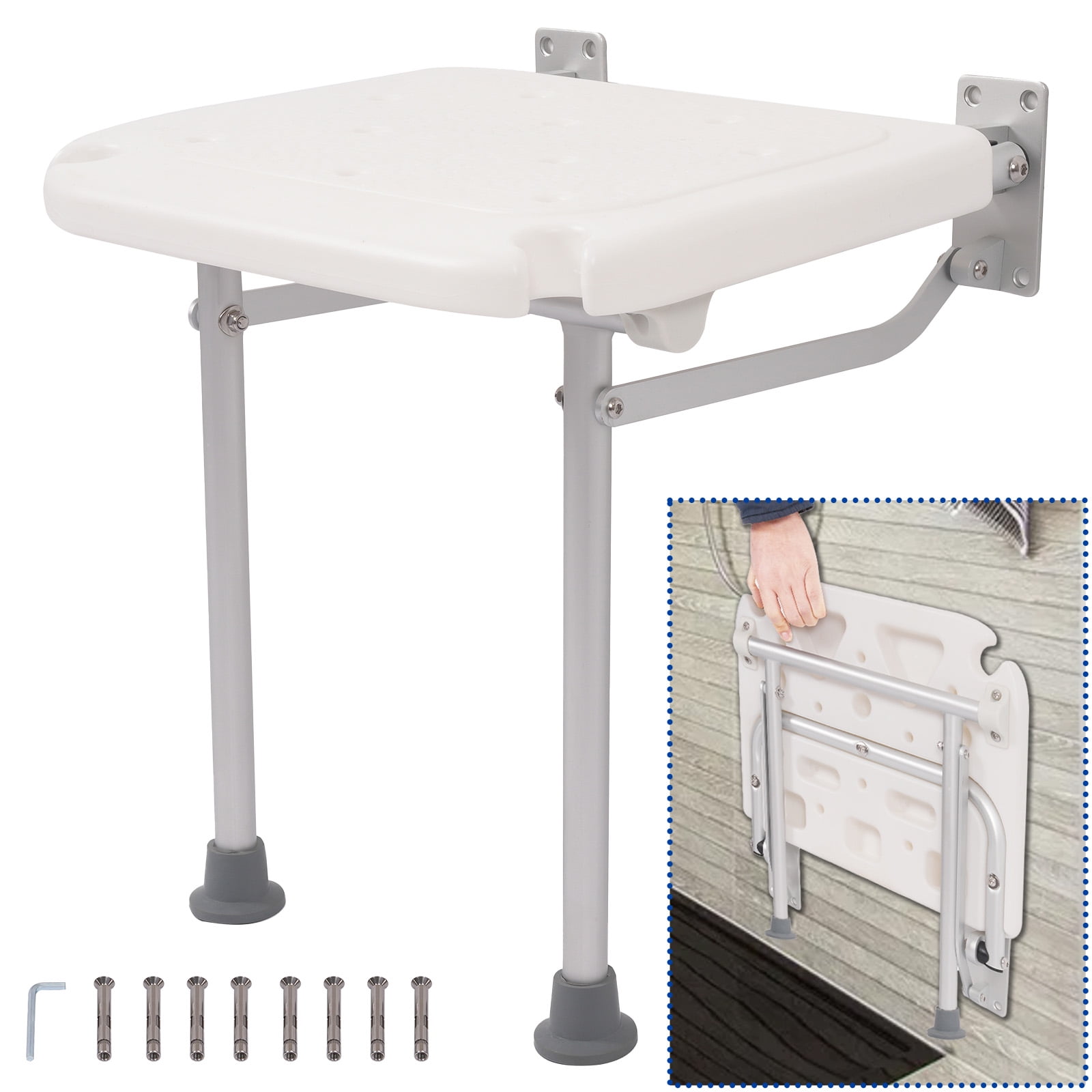 KOJEM Wall Mounted Folding Shower Seat with Support Legs for Adults ...