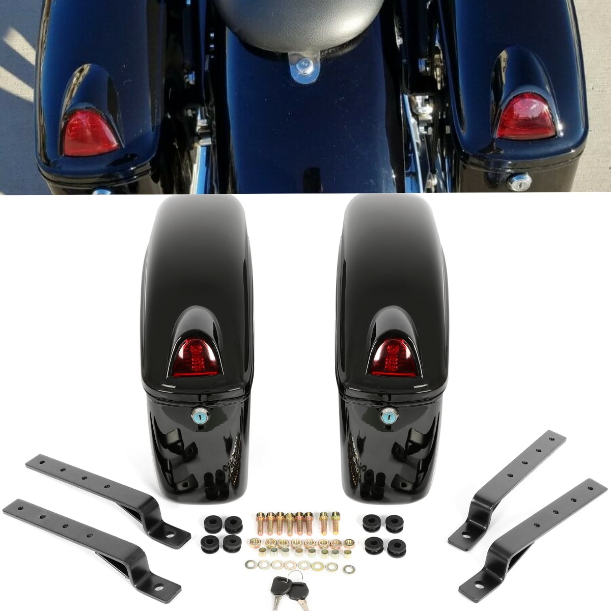 KOJEM Universal Motorcycle Hard Saddlebags w/ Light for Honda Yamaha ...