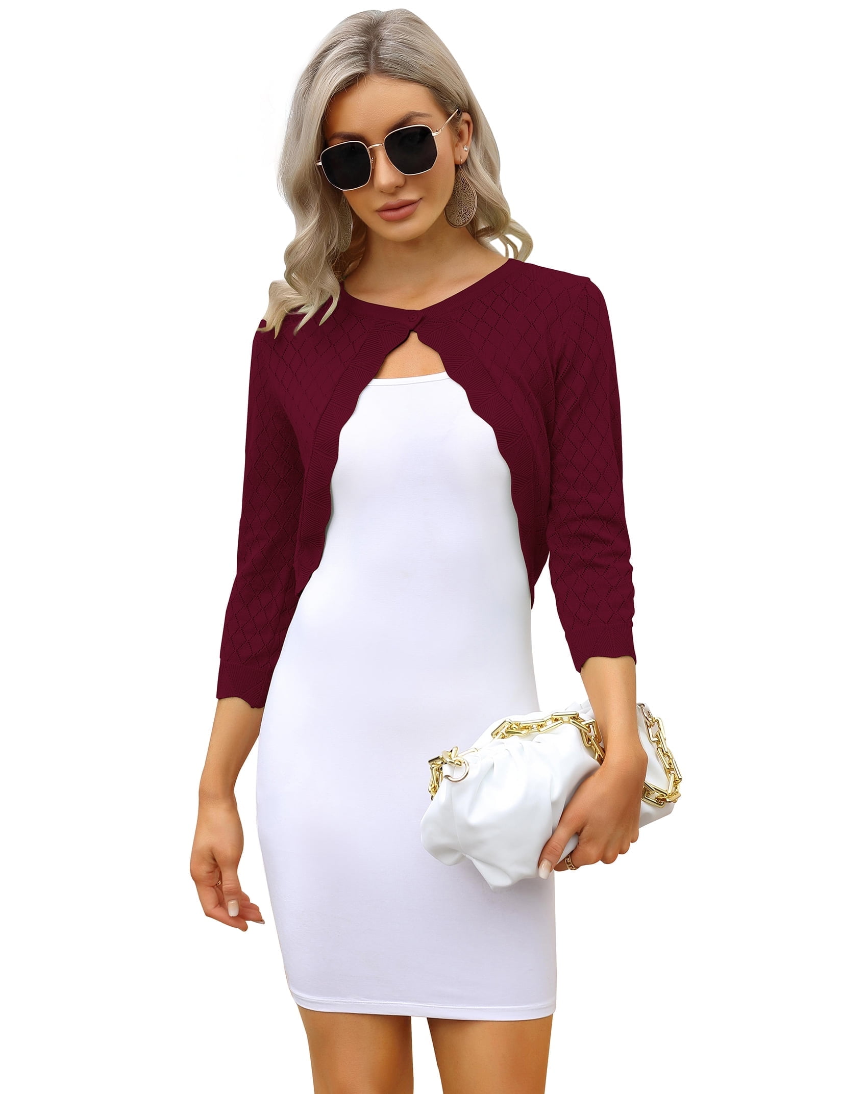 2024 Women's Cropped Cardigans 3/4 Sleeve Elegant Crochet Open Front ...