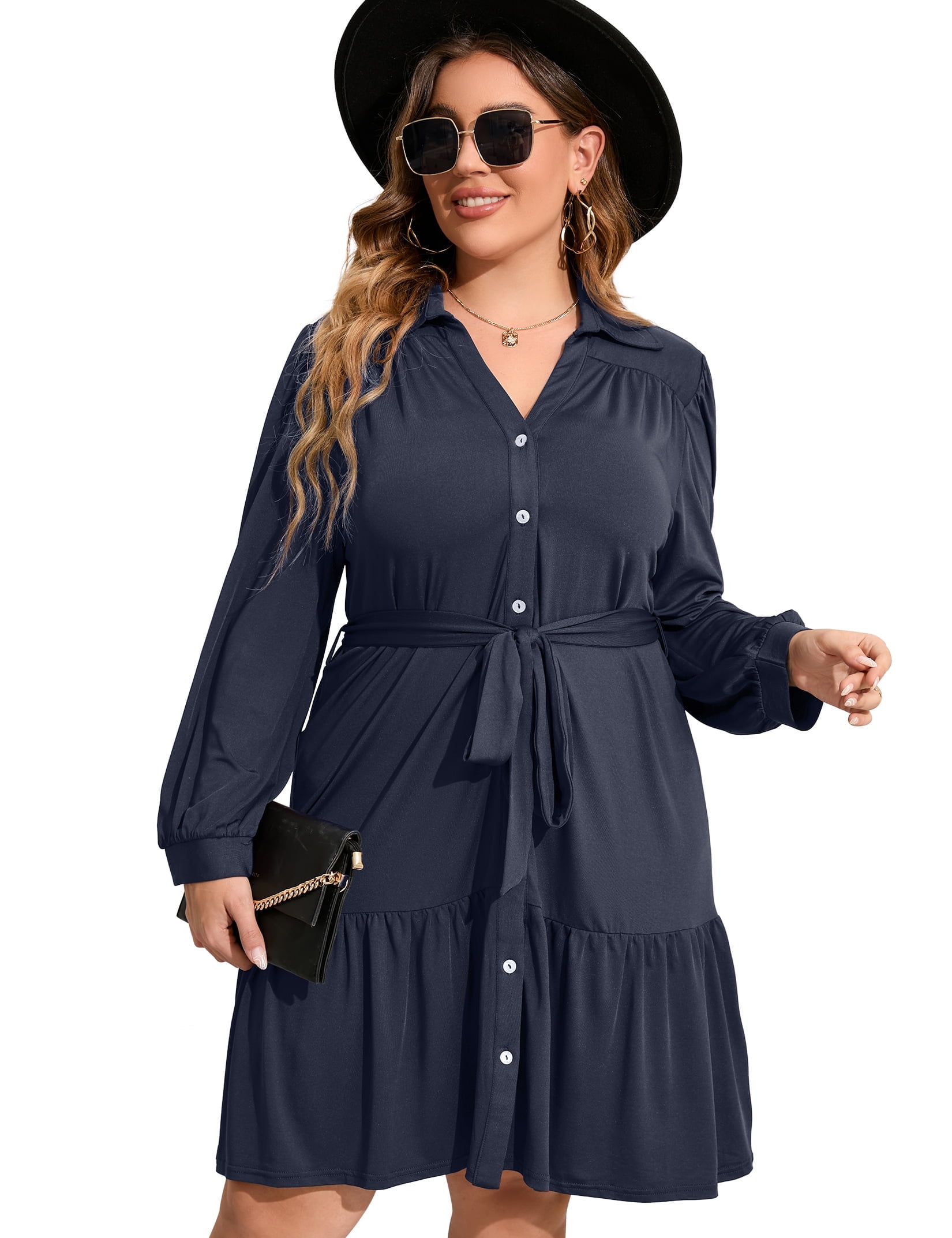 2024 Women's Plus Size Dress Long Sleeve Casual V Neck Ruffle Midi ...