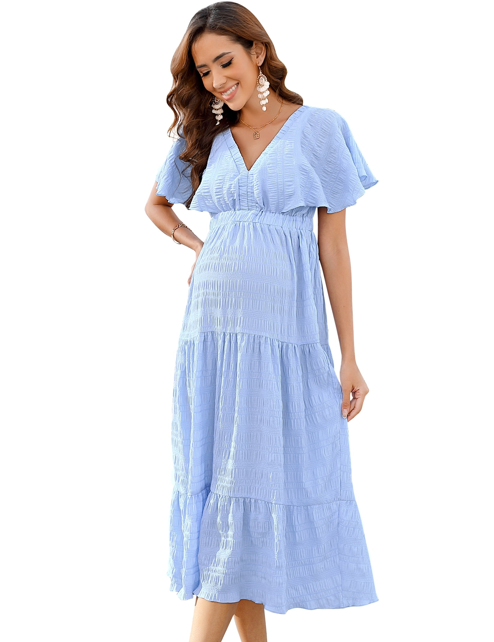 Maternity Dress 2024 Fashion Women's V Neck Short Sleeve Smocked Ruffle ...