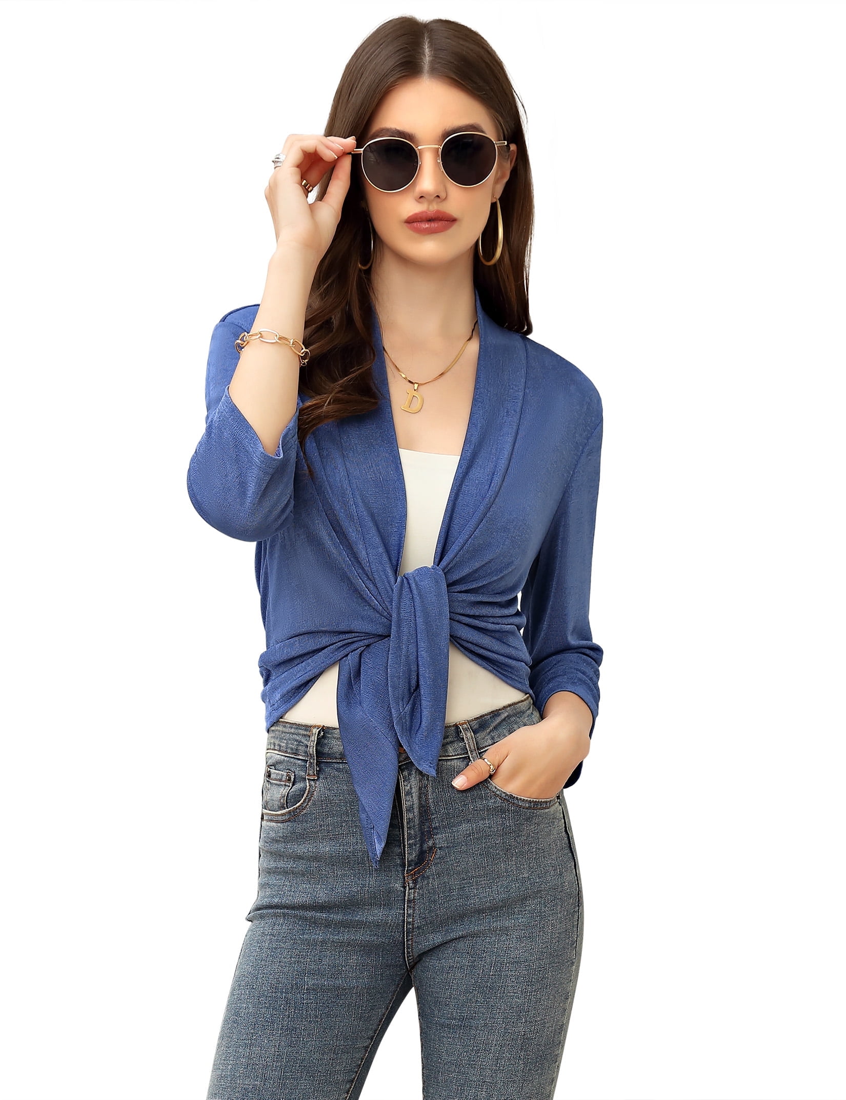 Women's Casual 3/4 Sleeve 2024 Fashion Tie Open Front Cardigans Sheer ...