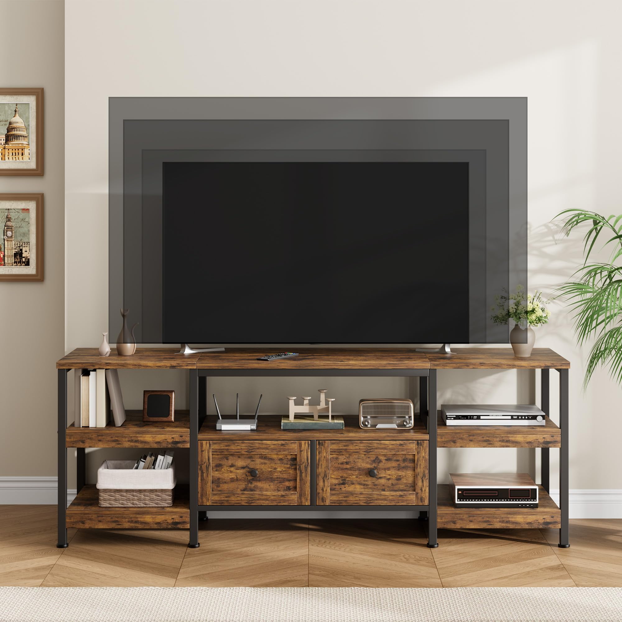 KOKEBREN 63"Wide TV Stand for TVs Up to 65", Industrial Media Console ...