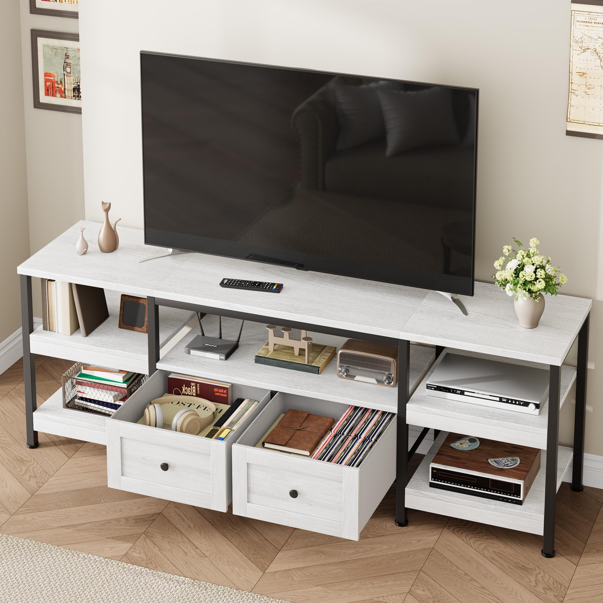 KOKEBREN 63"Wide TV Stand for TVs Up to 65", Industrial Media Console ...