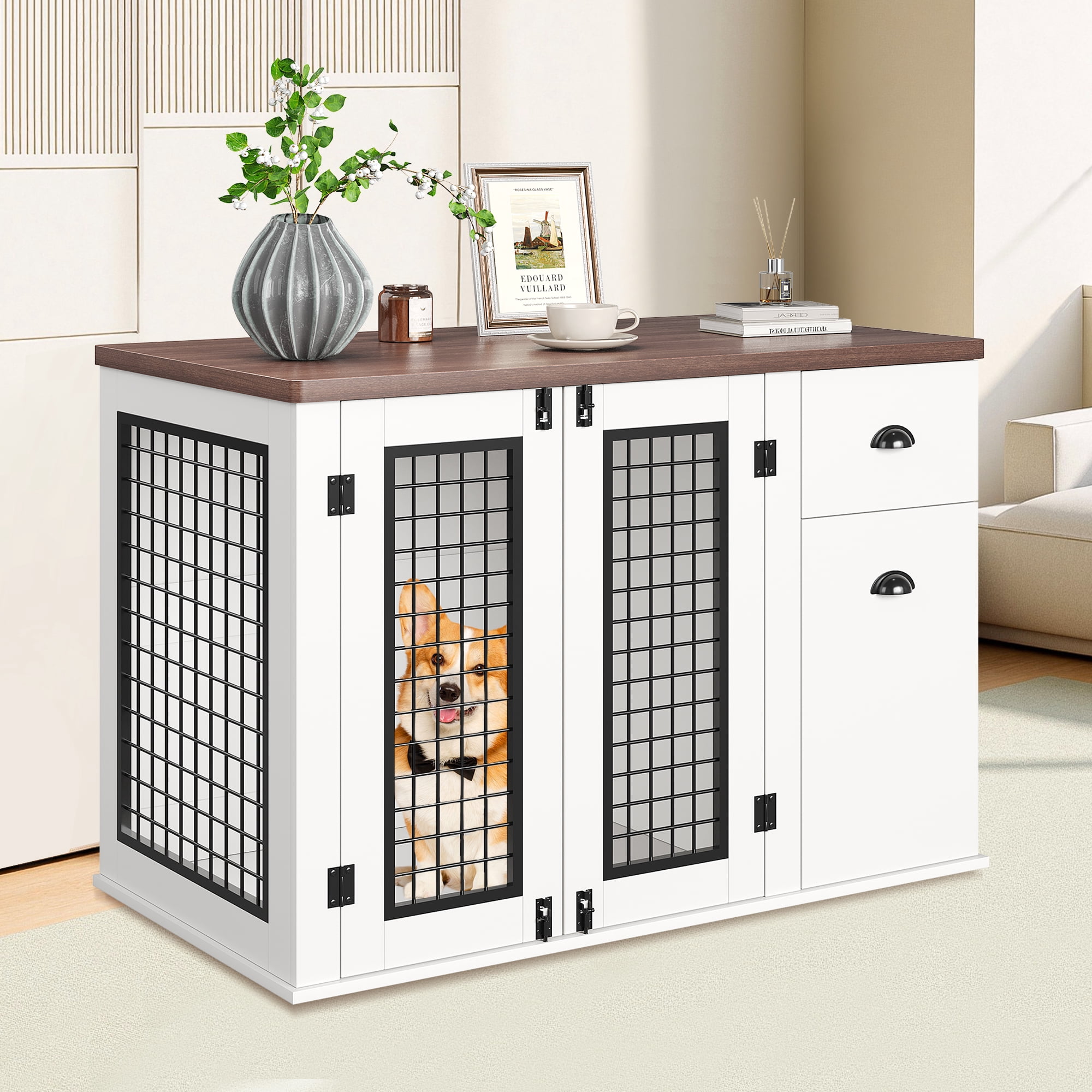 KOKEBREN Large Dog Crate Furniture with Storage Drawers & Side Cabinets ...