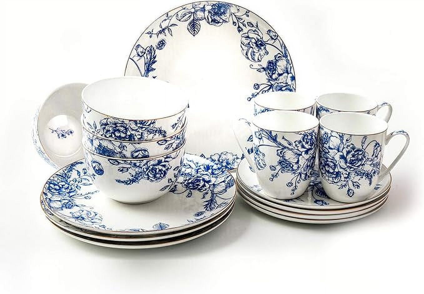 Ko-ken 16 Piece Blue Floral Dinnerware Set, Plates, Bowls, Mugs ...