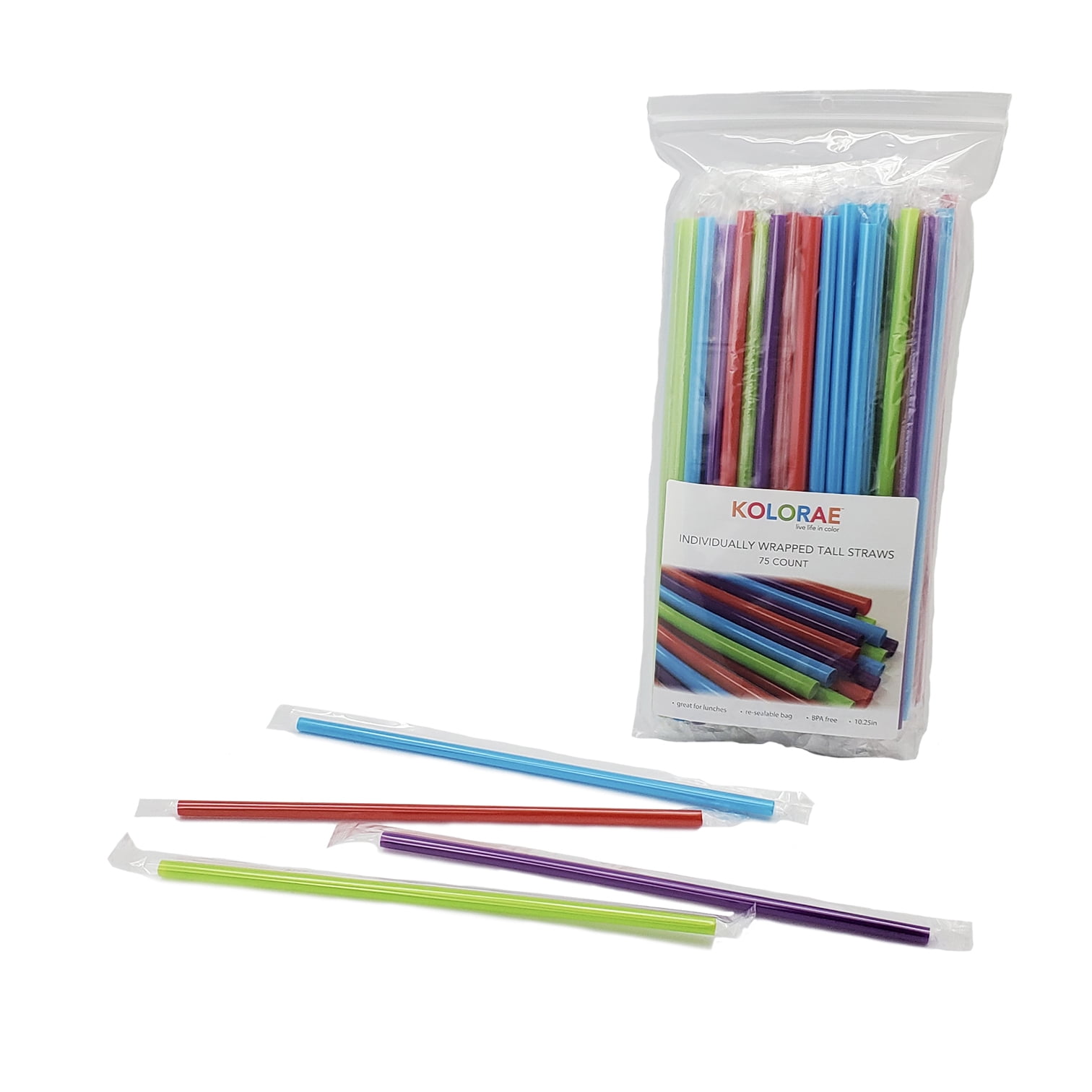 Kolorae 75 Count Individually Wrapped Tall Straws - 10.25'' Extra Long ...
