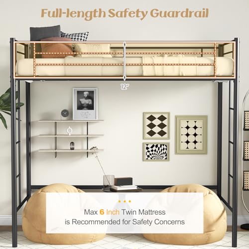 KOMFOTT Metal Loft Bed Frame Twin Size, Heavy-duty Steel Slats Support ...