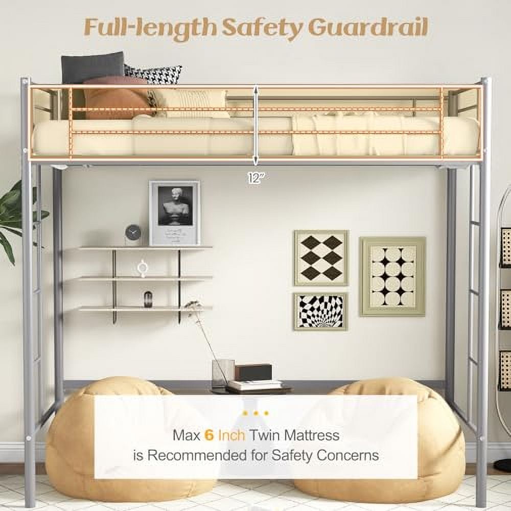 KOMFOTT Metal Twin Loft Bed, Space-Saving Loft Bed Frame with Full ...